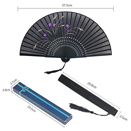 Metable Black Silk Folded Hand Fan Bamboo Handheld Folding Fan with Gift Boxed Oriental Handmade for DIY Wall Decoration Wedding Party Favor Women Man Dancing Show Prop