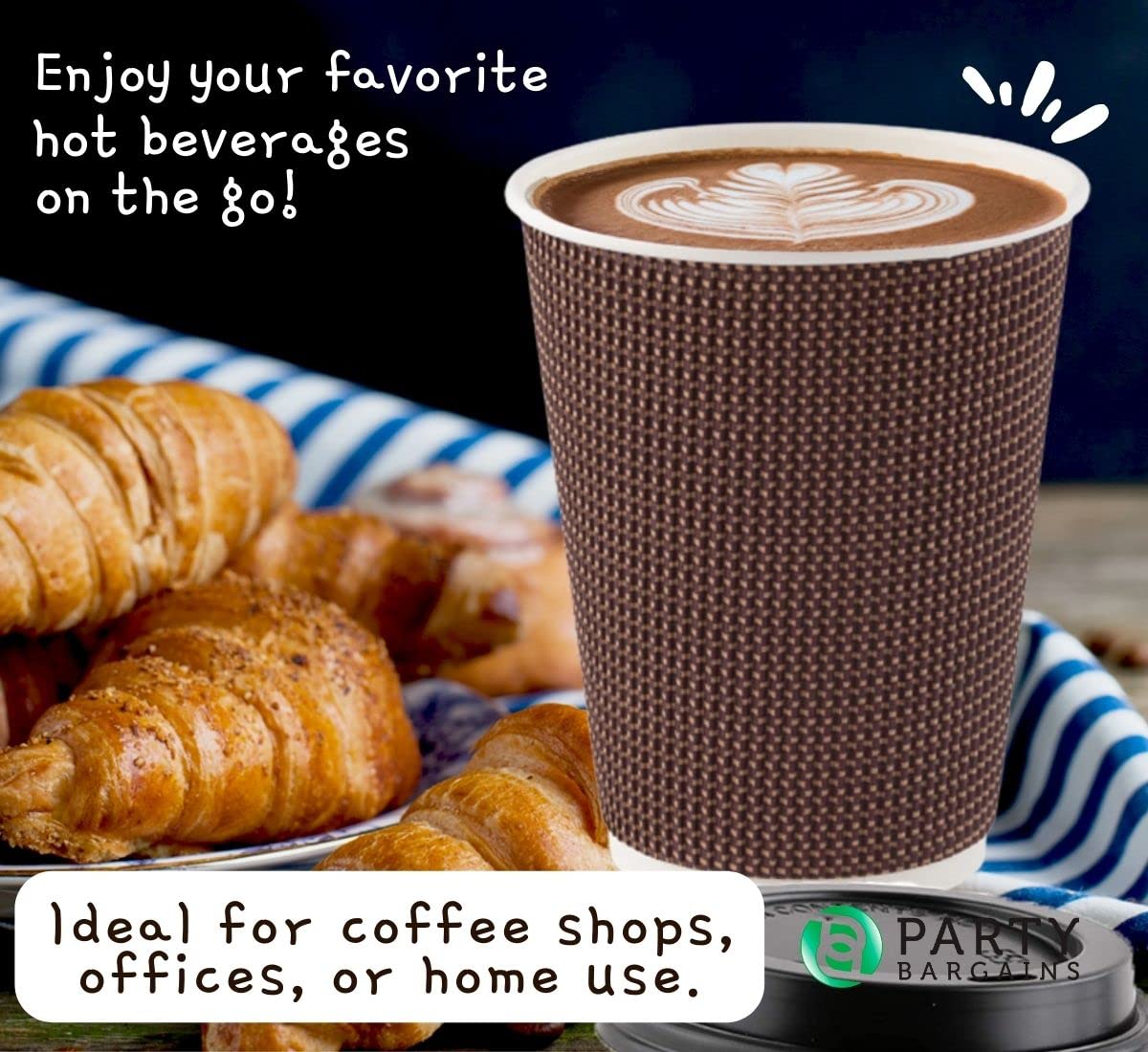 PARTY BARGAINS Ripple Hot Cups with Lids, 16 oz, 40 Count, Brown, Insulated Double Wall, Disposable Paper Coffee Cups, To-Go Cup, Tea, Hot Beverages, No Sleeve Needed