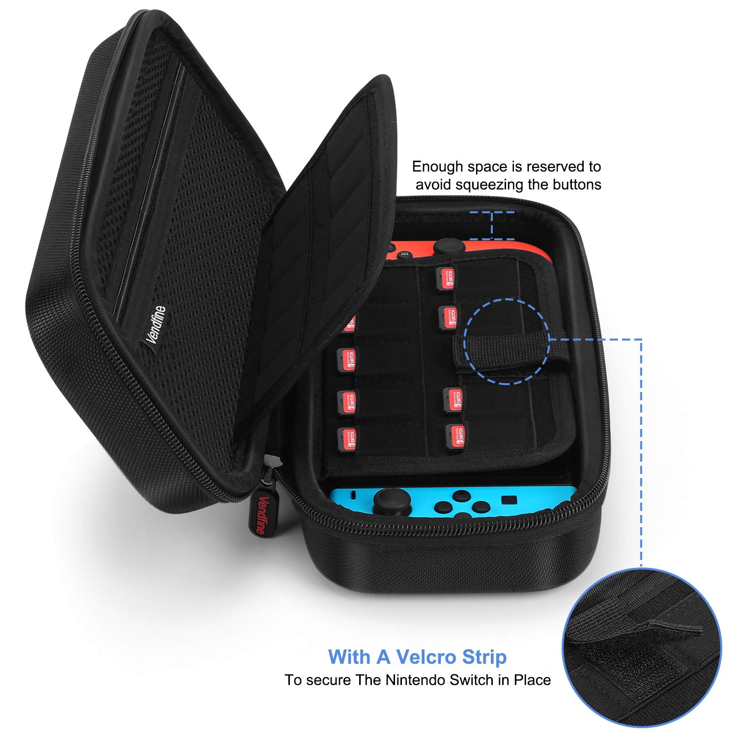 RICYOGA Vendfine Carry Case Compatible with Nintendo Switch - Pretty Sturdy Protective Hard Travel Carry Case for Nintendo Switch, Enough space to store Original Charger, extra Joycons, Black, 4