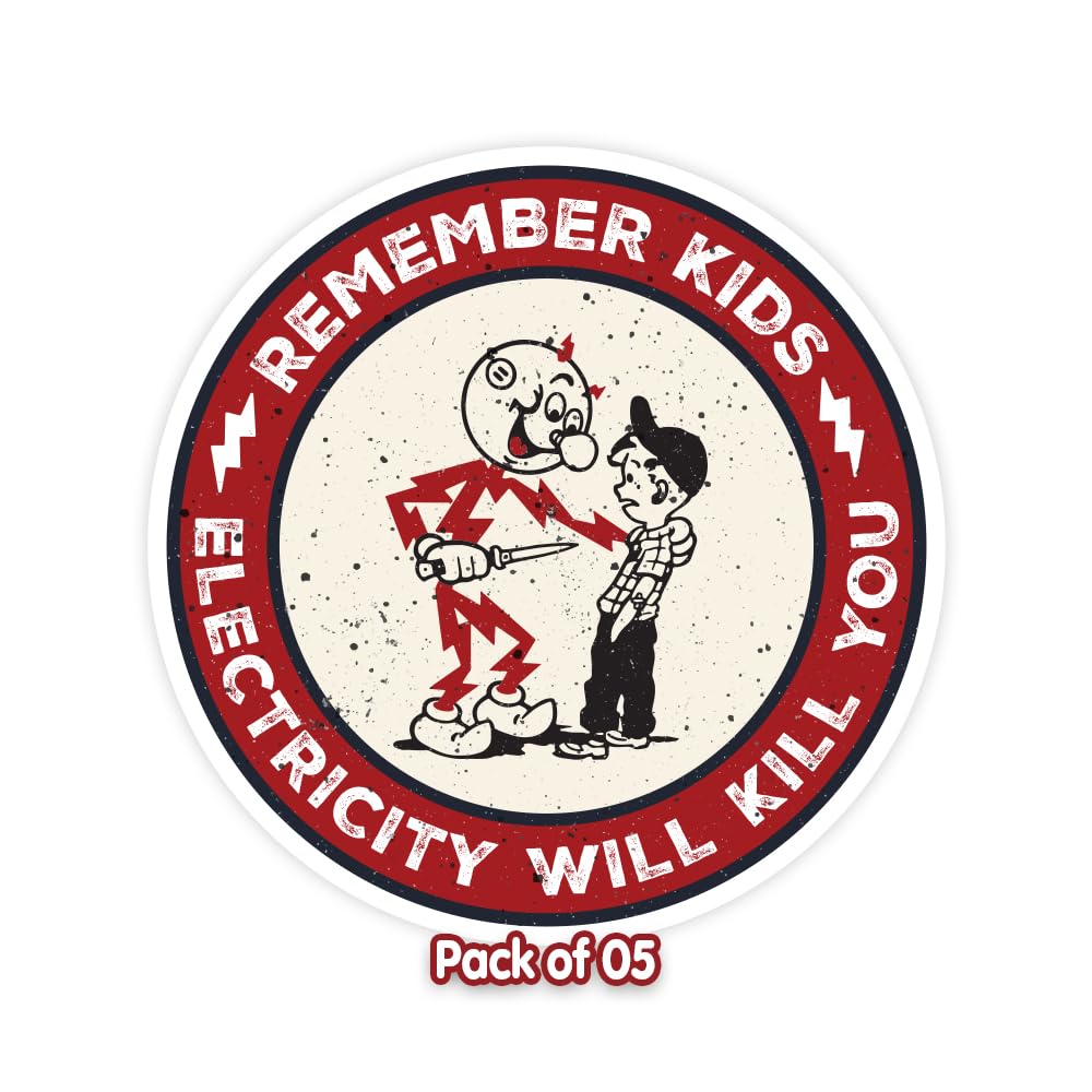 Remember Kids Electricity Will Kill You Sticker - Hard Hat Stickers, Reddy Kilowatt Warning Stickers; Set of 5 - Ideal for Electrician's Hard Hat, Laptop, Water Bottle, Car, and Helmet