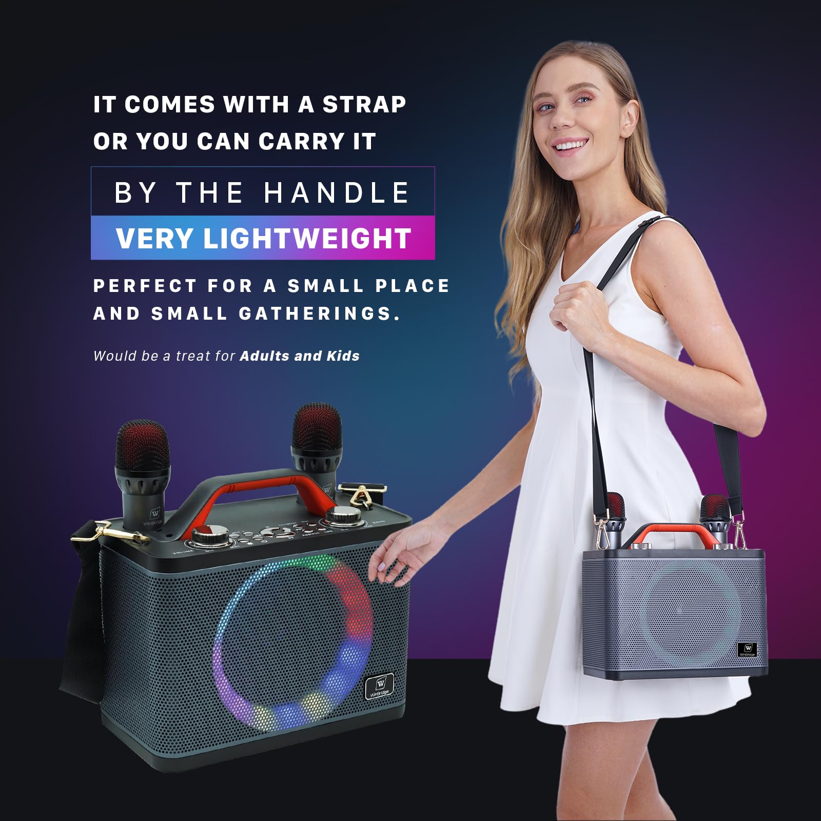 WinBridge Bluetooth Karaoke Machine with Two Wireless Microphones for Adults Kids, Karaoke Speaker with LED Lights,Portable PA Speaker System for Sing Party, Wireless Voice Amplifier for Teachers T8