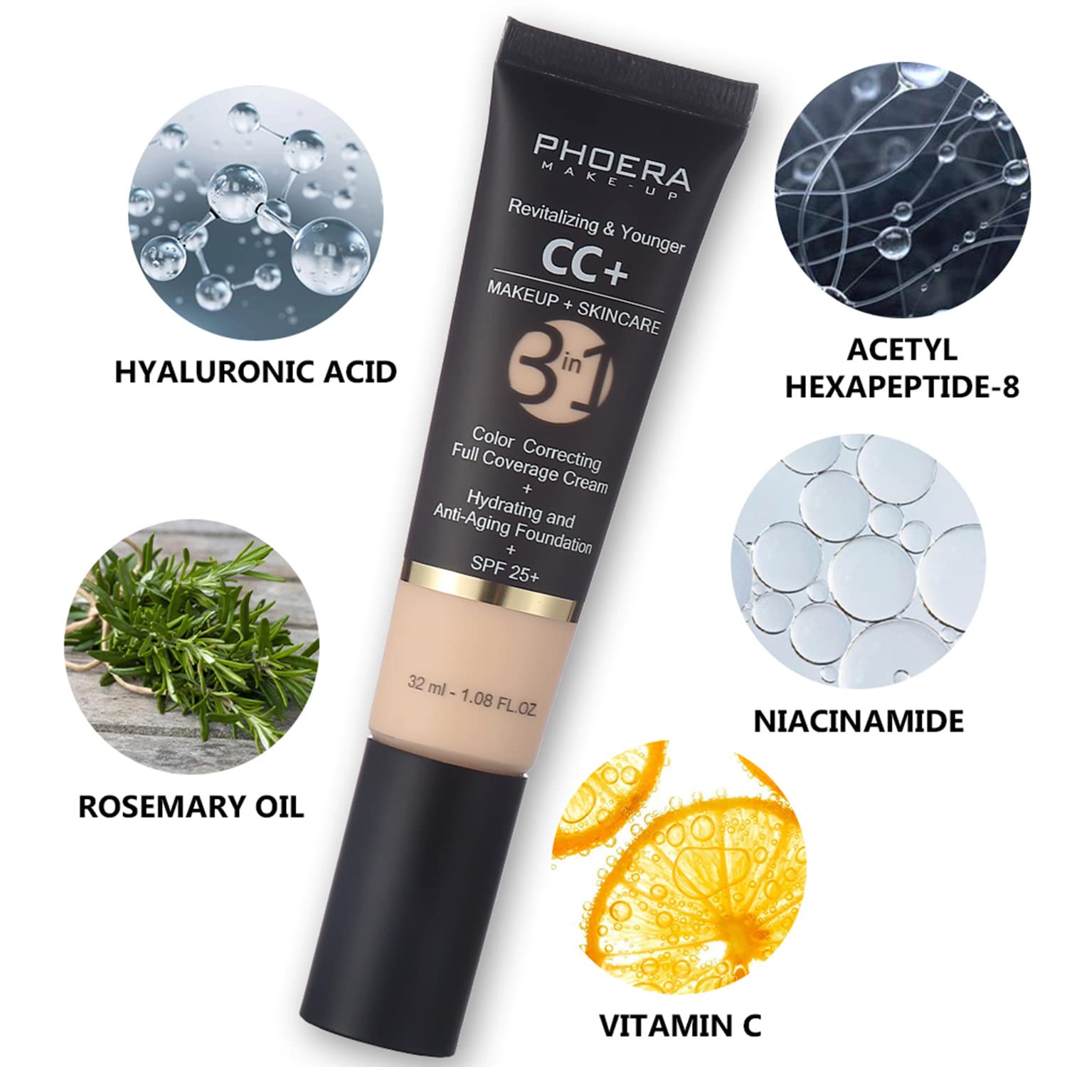 PHOERA CC+ Cream,Full Coverage Foundation,Color Correcting Cream,Anti Aging Hydrating Serum & SPF 25+ Sunscreen - Natural Finish - 1.08 fl oz (120 Nude)
