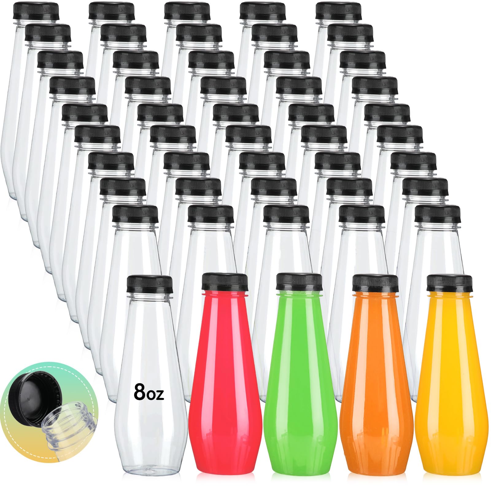 Mumufy 48 Pieces Plastic Juice Bottles Bulk with Caps, Small Reusable Juice Bottles Empty Clear Bottles Beverages Drink Containers Cone Mini Fridge Bottles for Juicing Smoothies Tea Milk (8 oz)