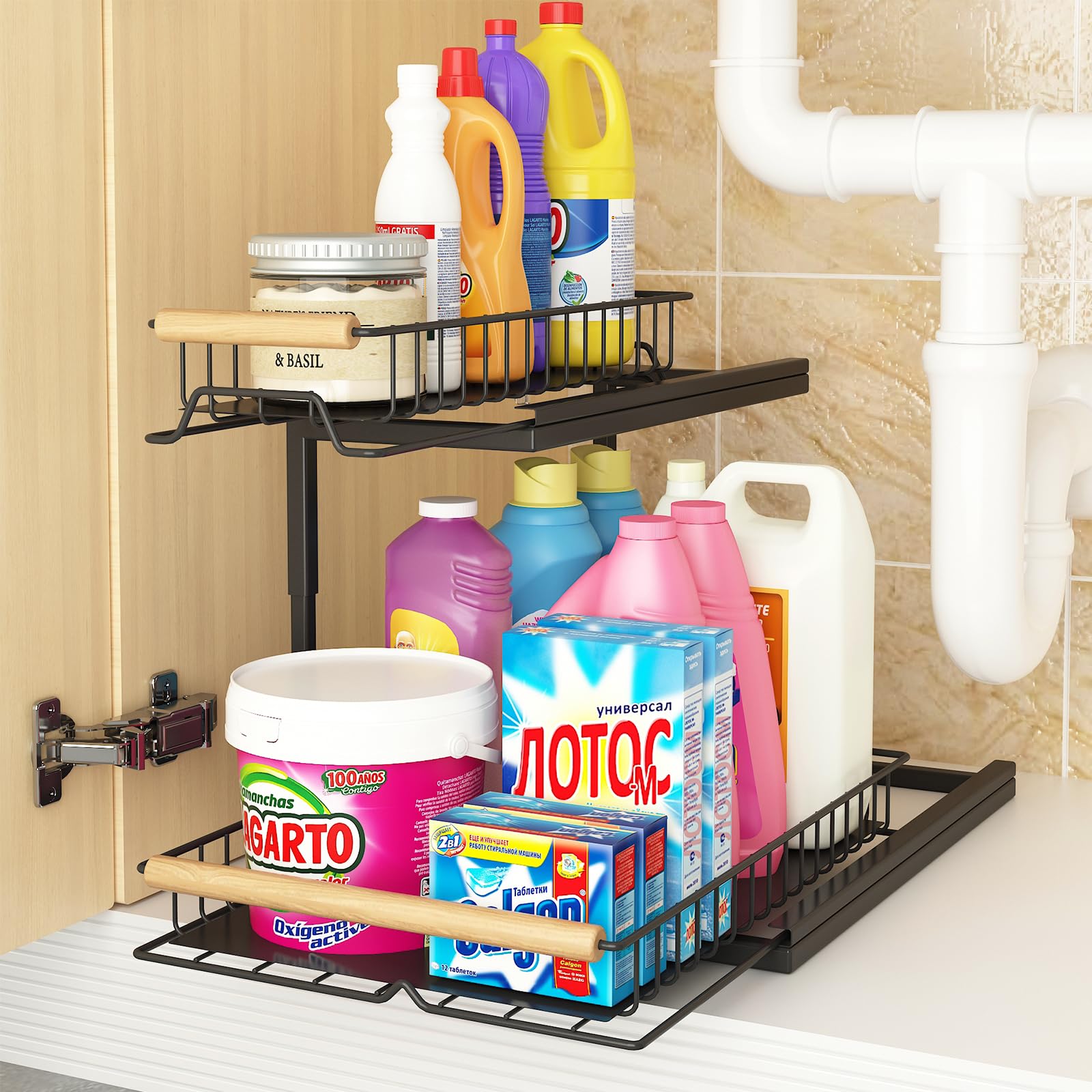LUUDTAI Under Sink Organizers and Storage, 2-Tier Pull Out Cabinet Organizer with 2 Sliding Drawers, Multi-use Under Sink Shelf Rack for Bathroom Laundry Kitchen