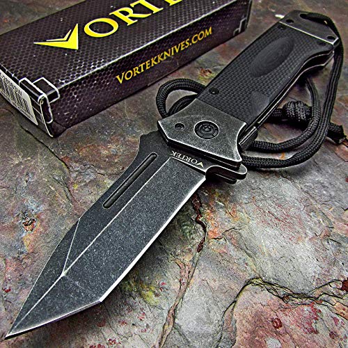 VORTEK Ball Bearing Pivot System Heavy Duty EDC Folding Pocket Knife: 8Cr13MoV Razor Sharp Blade - LMF Style Pommel with Lanyard - Smooth Fast One Hand Opening