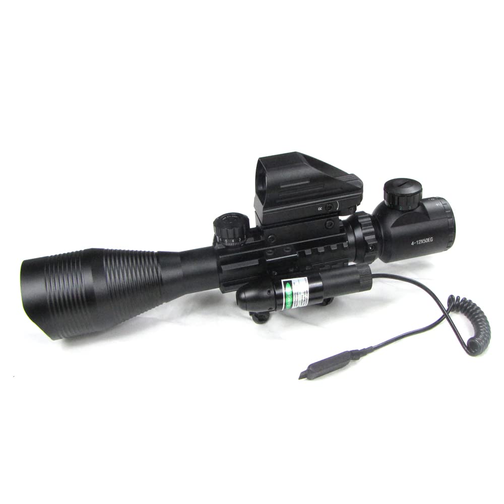 Rifle Scopes Combo 4-12X50eg Riflescopes Tactical Dual Illuminated Optical Holographic Red/Green Reflex Dot Sight Bullet-Shape Laser for Hunting Practitioner