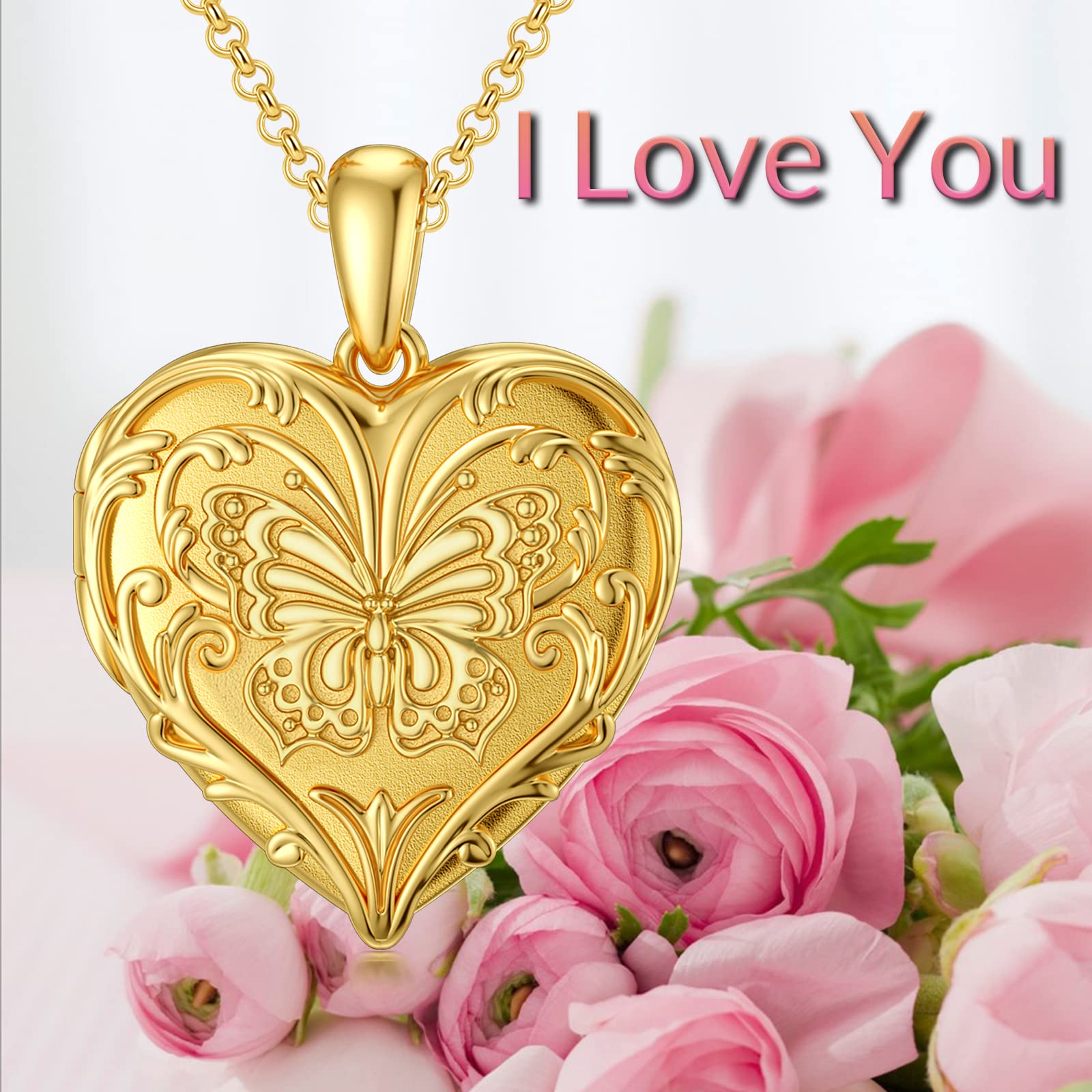 SOULMEET 18k Gold Plated Silver Butterfly Heart Locket Necklace That Holds 2 Picture,20" (Locket only)