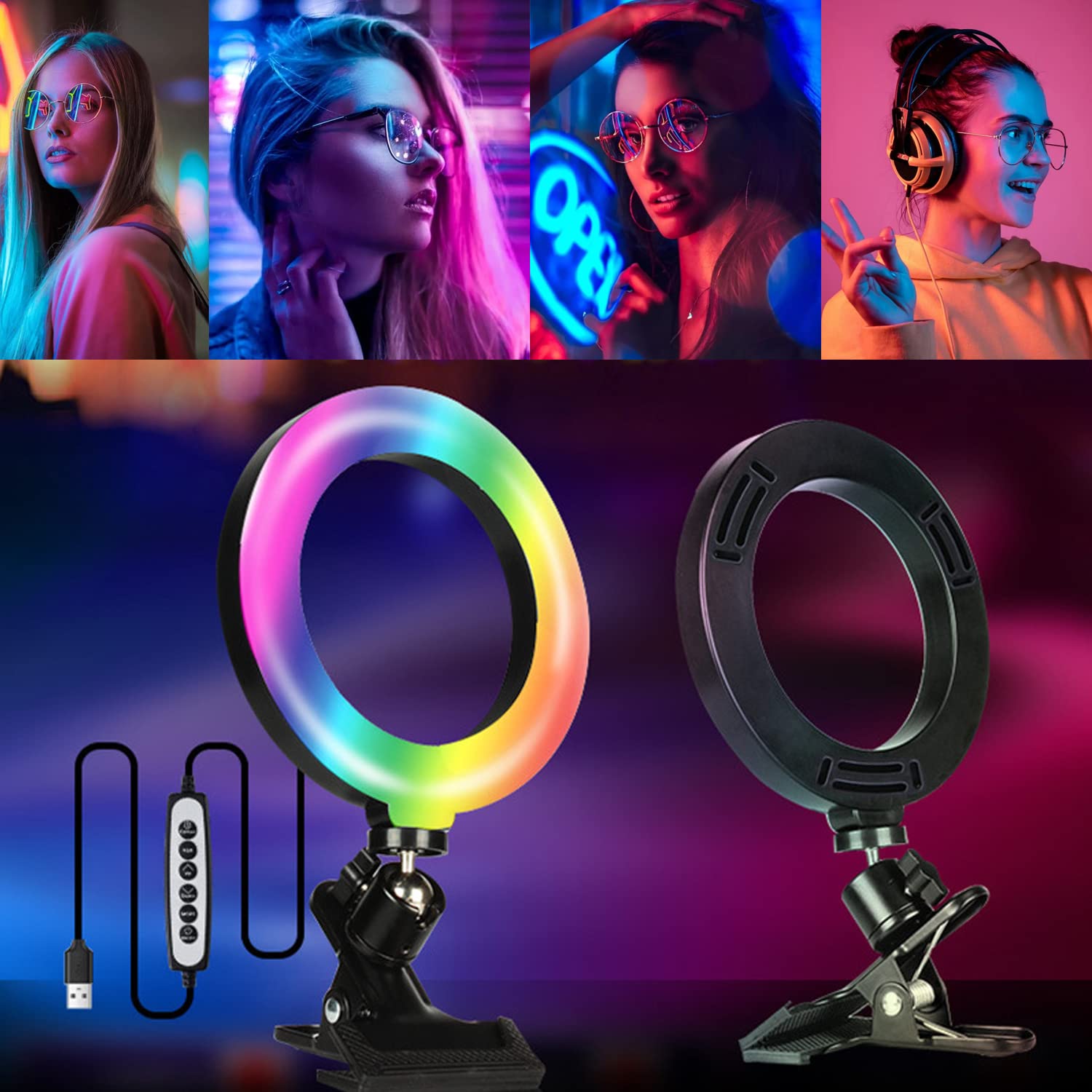 Ring Light, Video Conference Lighting Kit, 6” Led Selfie Ring Light, Dimmable RGB Ring Lights with Clip, 33 RGB Variations & 10 Brightness Level for Remote Working/Live Streaming/YouTube Video/TikTok