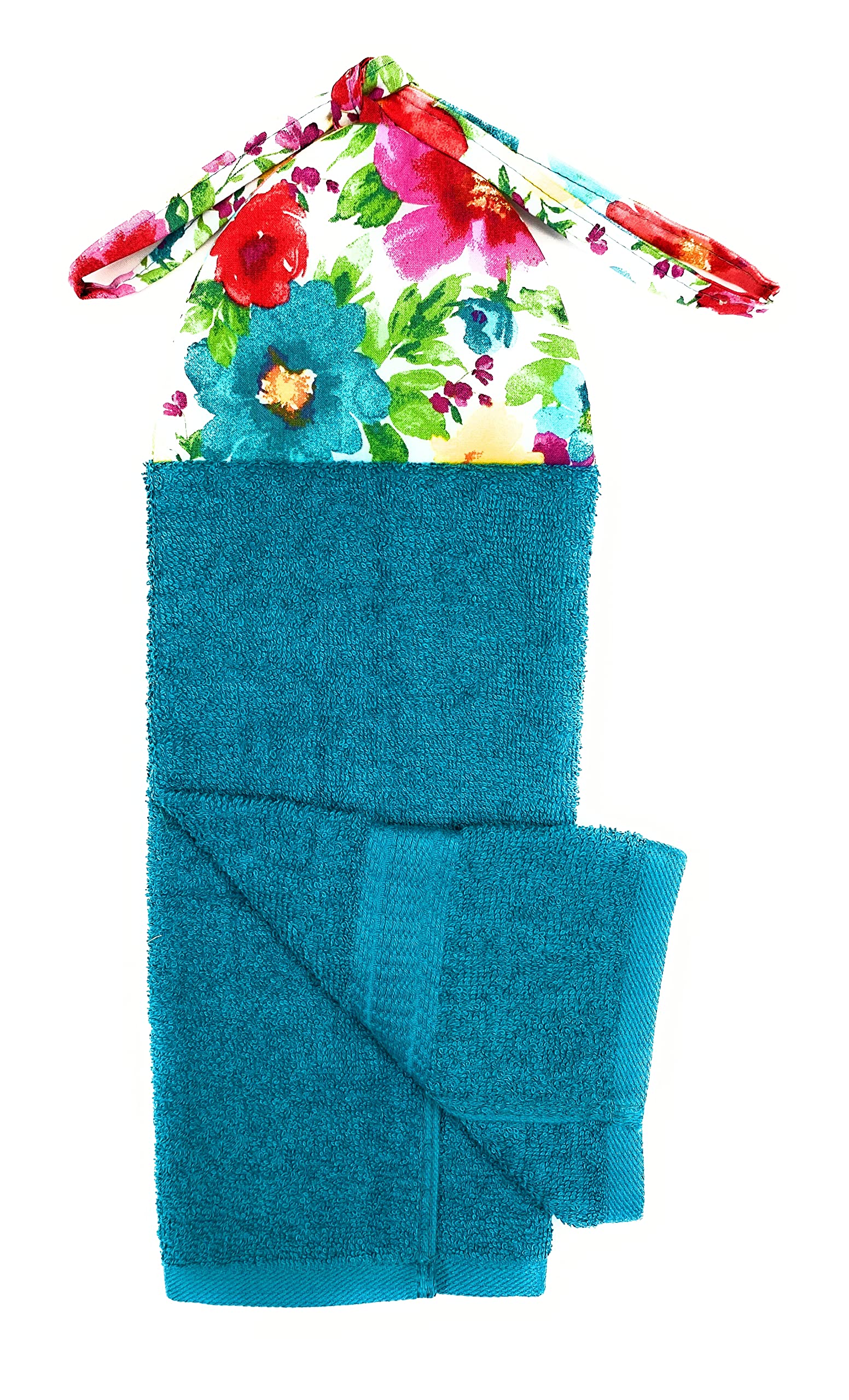 Red Pink Yellow Floral Flowers with Teal Turquoise Green Leaves on White Ties On Stays Put Kitchen Hanging Loop Hand Dish Towel She Who Sews