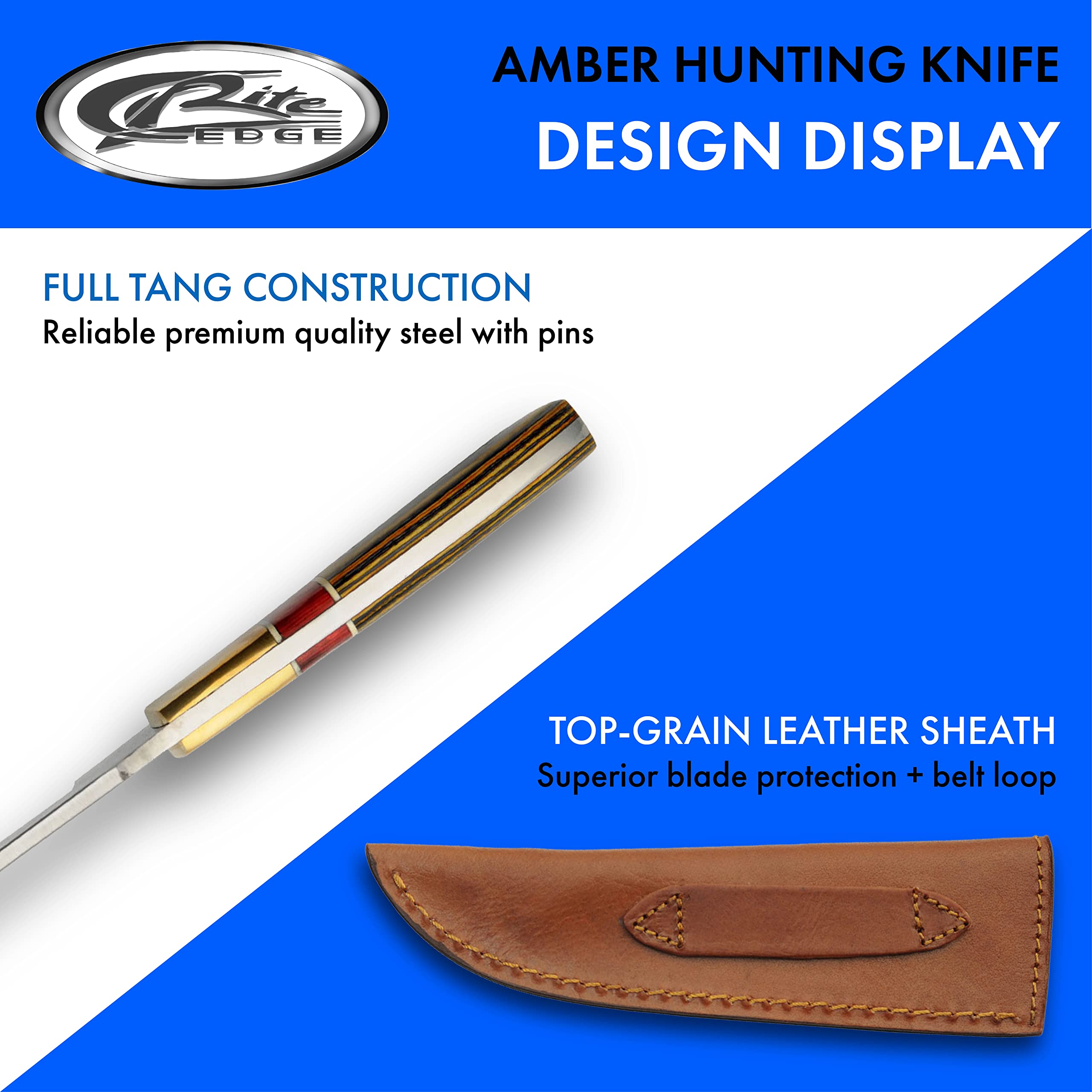 SZCO Supplies 9.5” Red Amber Wood/Brass Handled Outdoor Upsweep Hunting Knife With Sheath,203449-AM