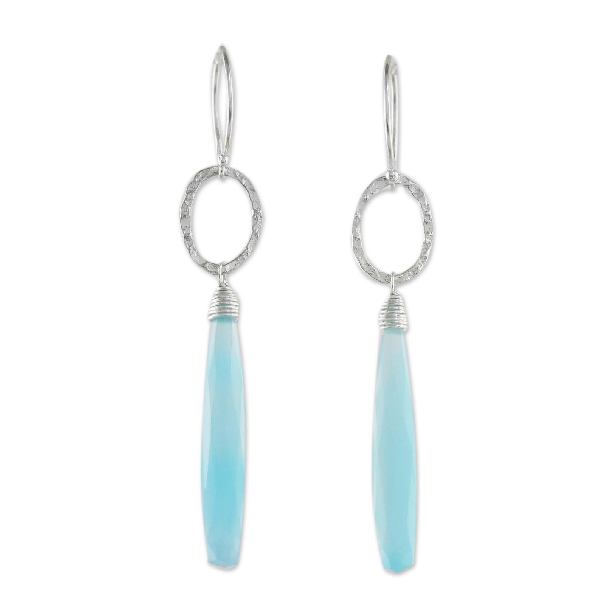 NOVICA Artisan Handmade Blue Chalcedony Dangle Earrings with Hammered Silver Sterling Thailand [2.4 in L x 0.5 in W] ' Exhilarated'