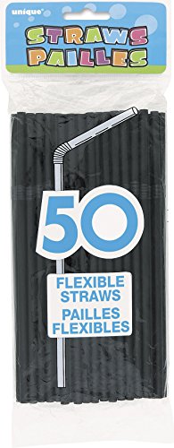 Unique Industries Black Plain Flexible Plastic Straws 50 Pcs, 8"