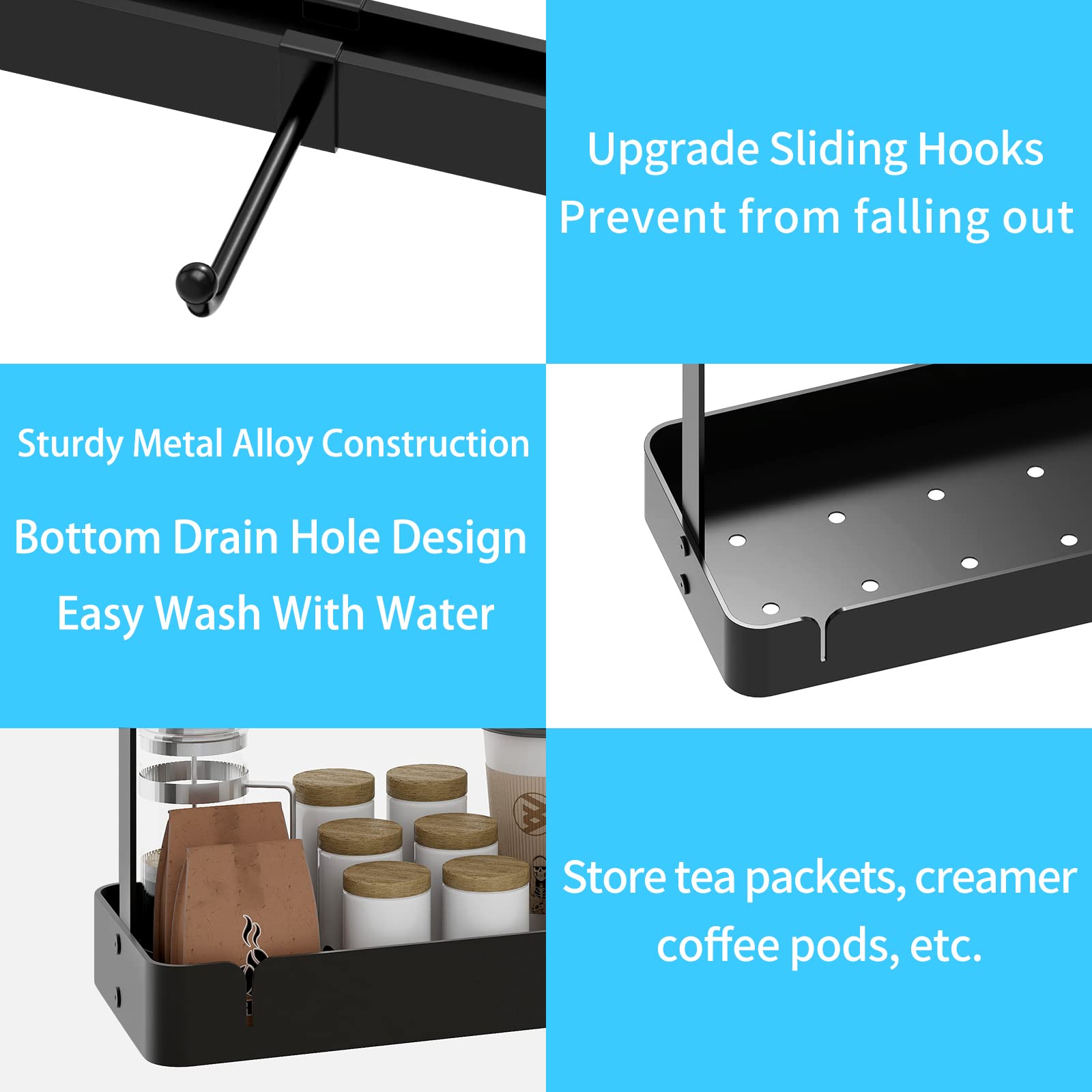 ZDDLOINP Aluminum Alloy Coffee Mug Holder with Movable Hooks, 16 Capacity Coffee Cup Holder for Countertop, 2 Tier Mug Tree Holder Rack with Storage Base for Coffee Pod, Sugar Bags, Paper Cups