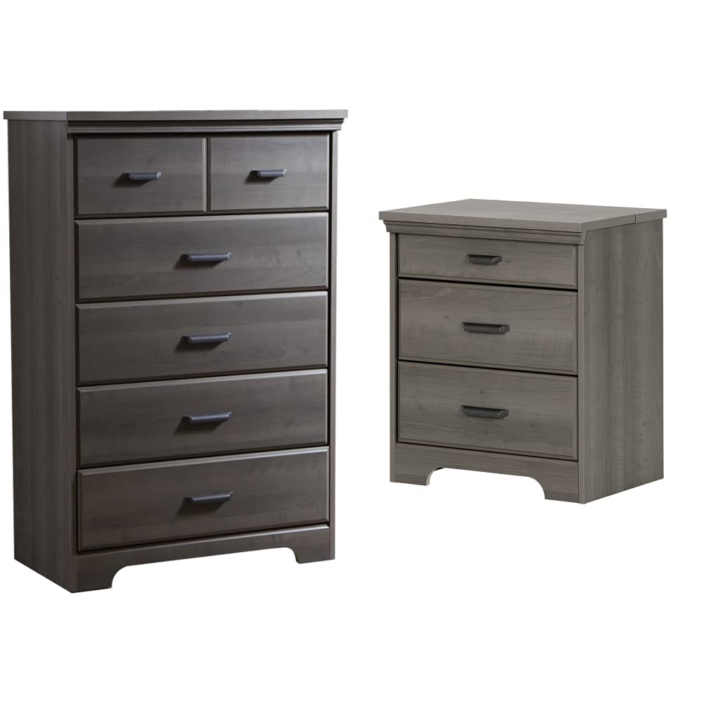 South Shore Versa Collection 5-Drawer Dresser, Gray Maple with Antique Handles & Shore Versa Nightstand with 2 Drawers and Charging Station, Gray Maple