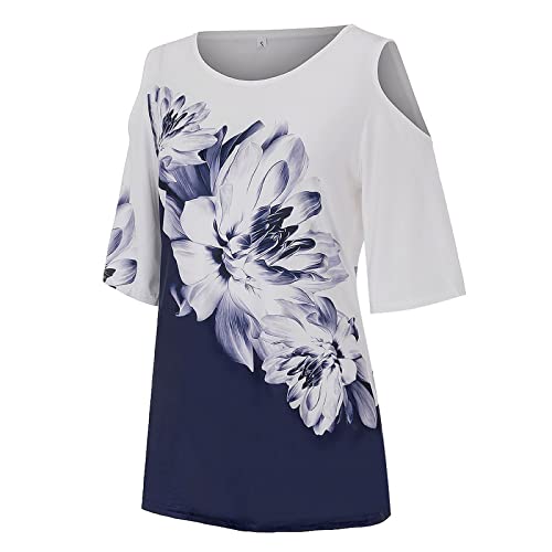 Women's Tops Cold Shoulder Flower Print Round Neck Blouse Middle Sleeve T Shirt Blue
