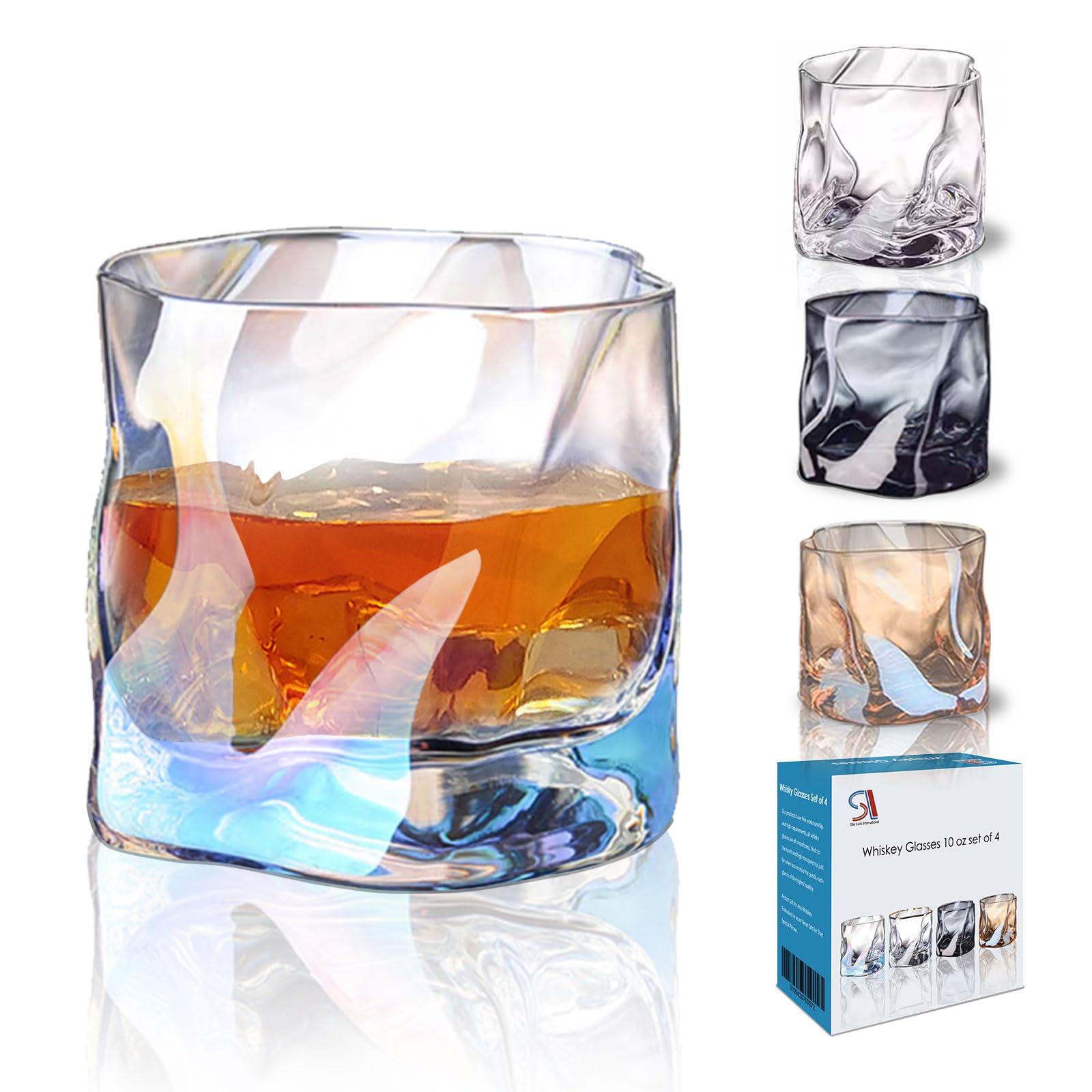 StarLuckINT Whiskey Glasses 10 oz color Old Fashioned Glasses Hand-blown Lead-free Scotch Glasses set of 4, for Scotch Bourbon Rum Liquor and Cocktail Drinks as for Gift - 4 colors