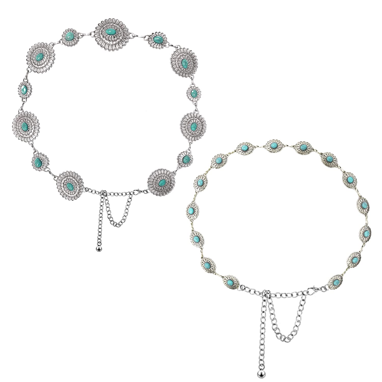 SZWSIUD Western Turquoise Concho Chain Belt for Women Adjustable Metal Waist Belts for Jeans Dresses -2 Pieces