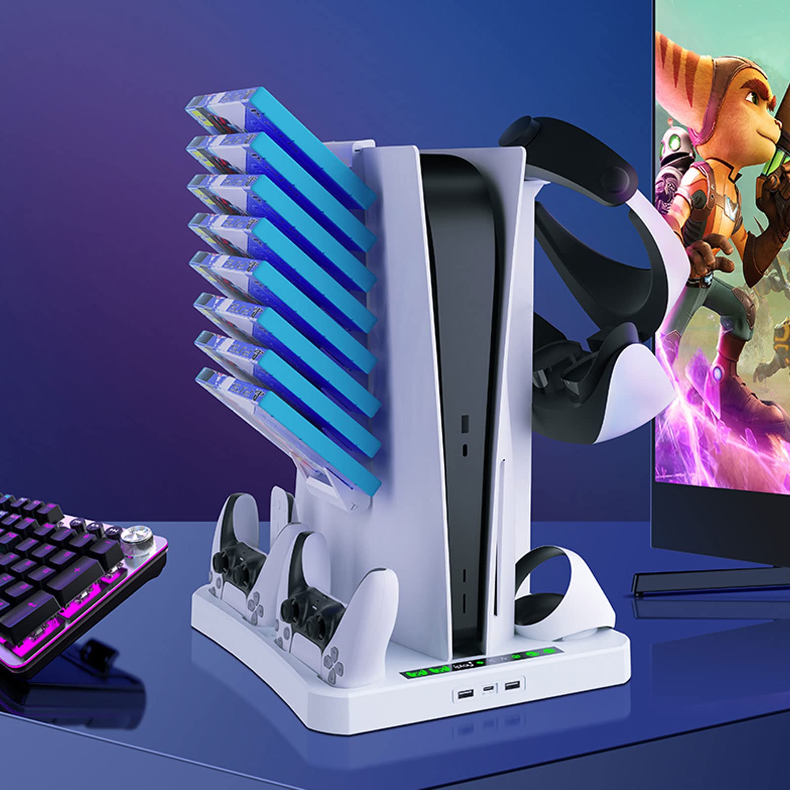 TATACO Controller Charging Station for PSVR 2, [6 in 1] Dock Stand with Cooling Fan for PS5, VR2 PlayStation 5 Console Accessories with LED Light, Gifts for Son