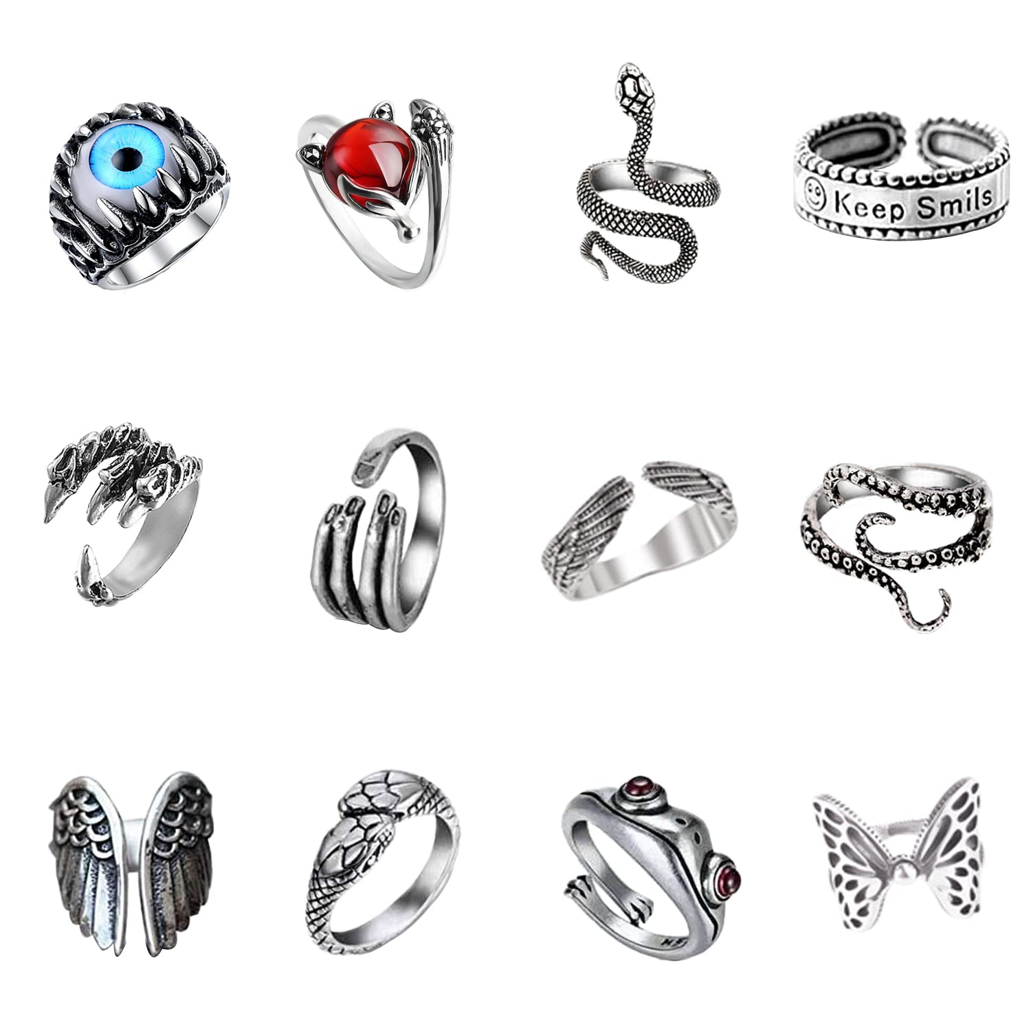 T Legend Vintage Gothic Rings Punk Stackable Open Rings Fox Dragon Frog Snake Adjustable Rings,gift for a girlfriend or lover (12 Pcs)