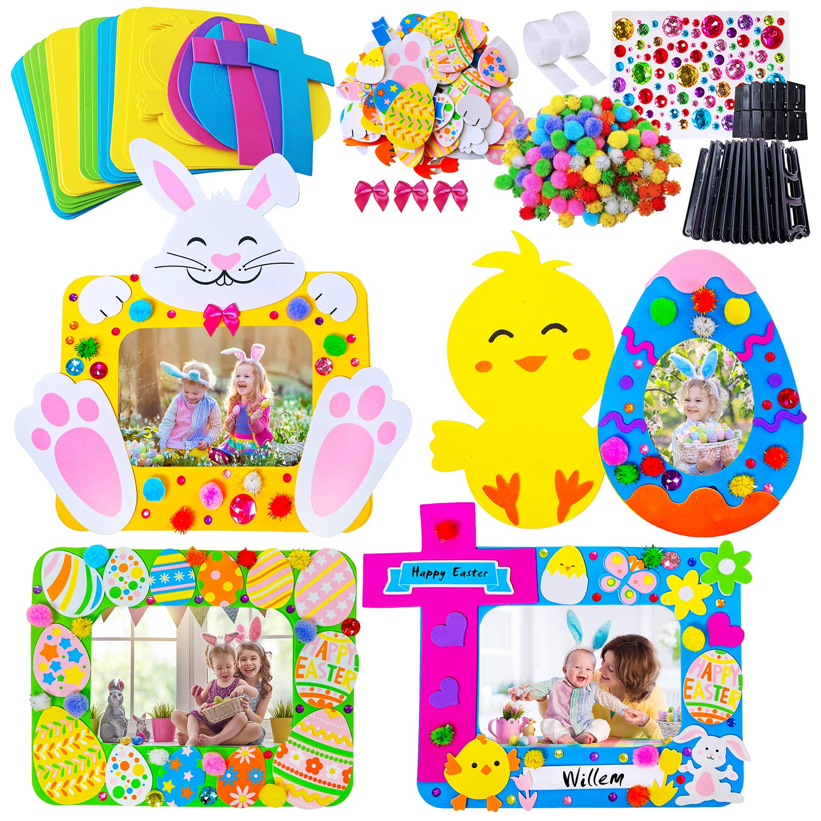 Winlyn 12 Sets Easter Decorations DIY Easter Craft Kits Easter Picture Photo Foam Frame Bunny Egg Chick Cross Stickers for Kids Gift Favors Easter Spring Home Classroom School VBS Activity Art Project