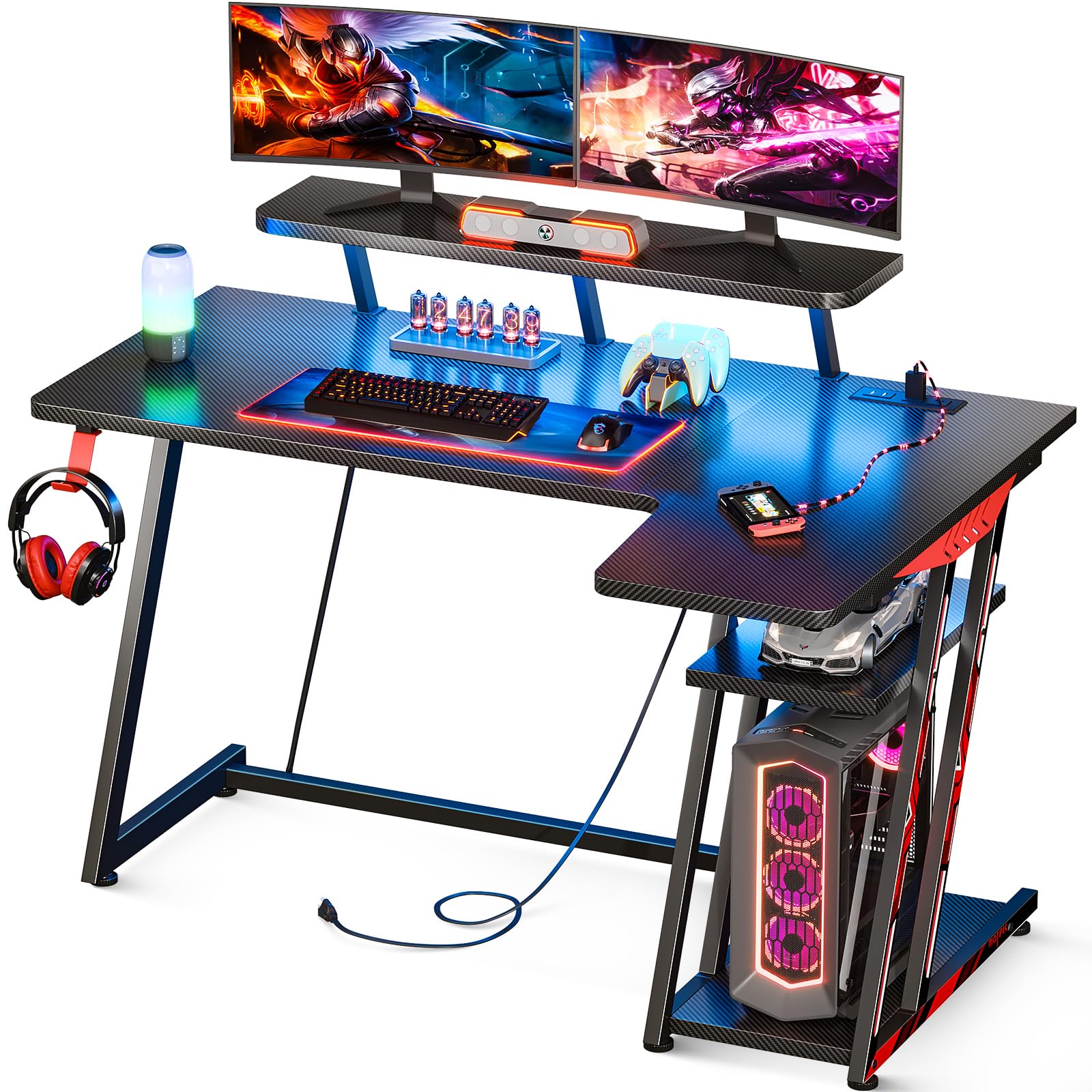 MOTPK L Shaped Gaming Desk with Led Lights, Small Corner Gaming Desk with Storage Shelf & Power Outlets, Computer Desk with Carbon Fiber Texture, 47 Inch, Black