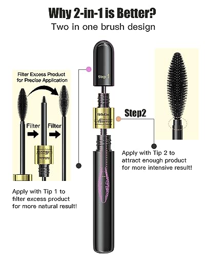 Naseny 2in1 Vibely Mascara 5X Longer Lengthening And Thickening Mascara Waterproof Black Volume And Lengh Mascara Smudge-Proof Non Clumping Long Lasting Eye Makeup