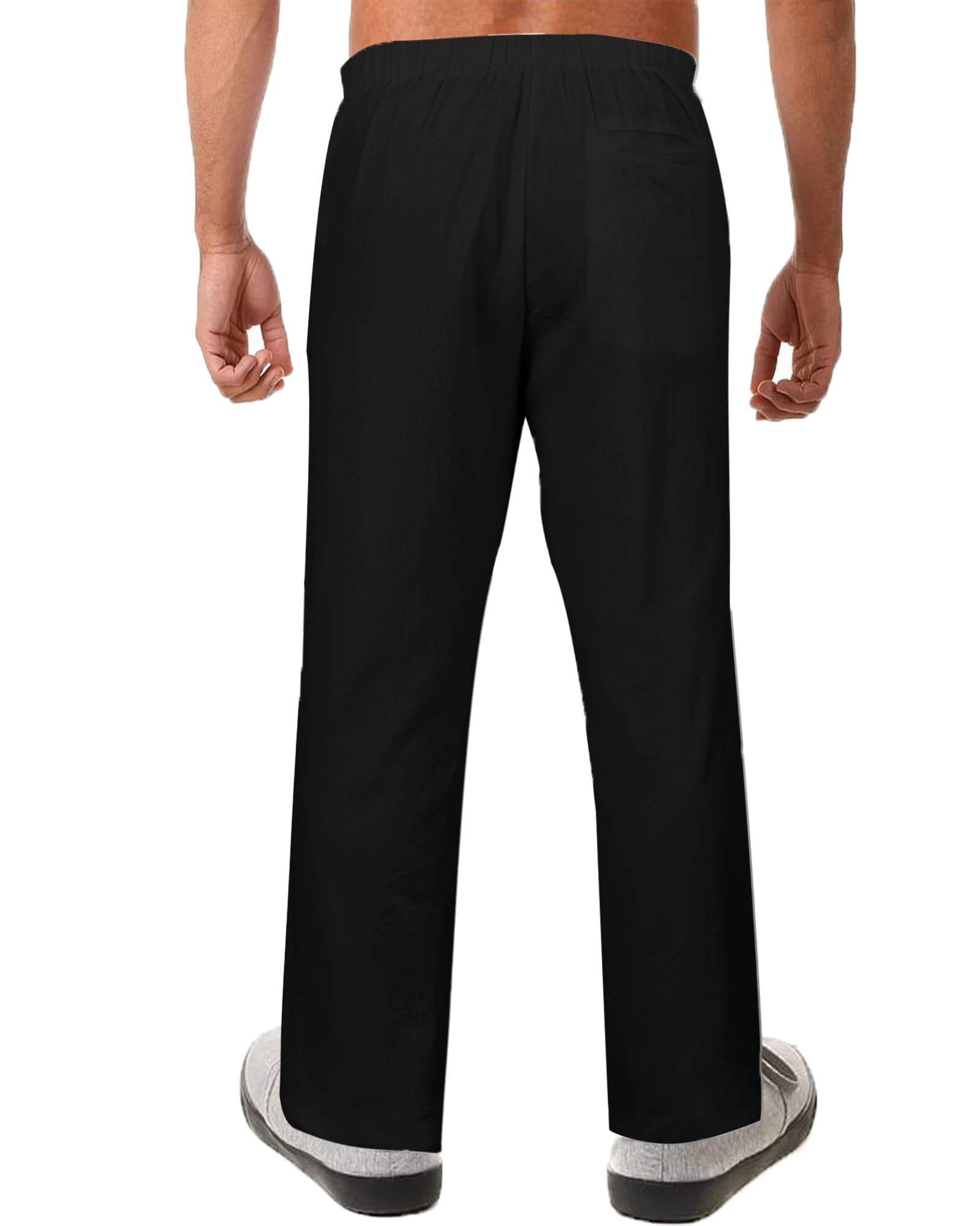 LVCBL Mens Black Linen Pants Elastic Waist Drawstring Trousers Casual Beach Pants Linen Yoga Pants,Black,M