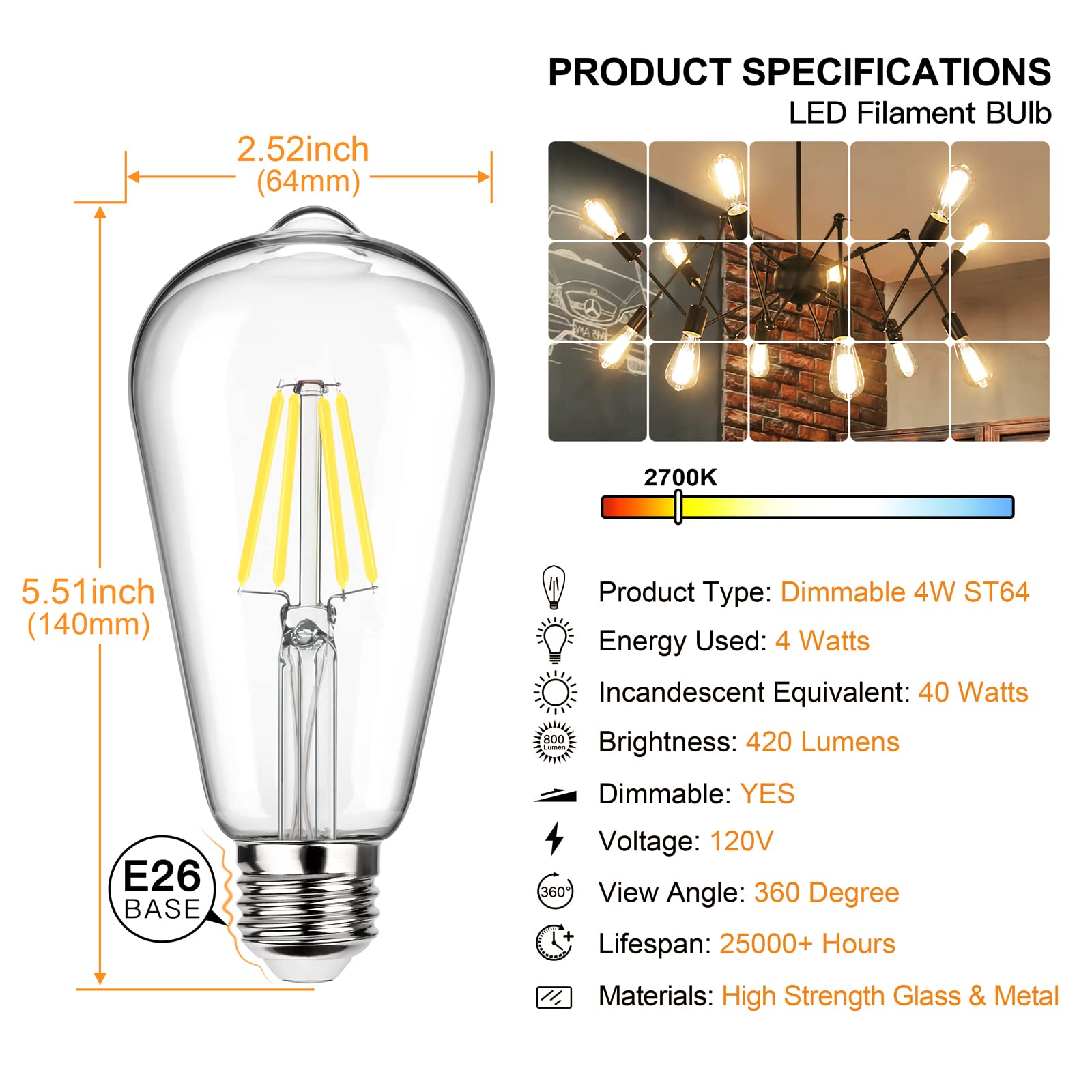 MAXvolador Edison Bulb, Dimmable Vintage LED Filament Light Bulbs Warm White 2700K, 4W ST64 LED Lights 40W Equivalent, E26 Base, Pack of 12