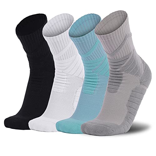 Teendi Cushioned Athletic Sports Crew Socks Cotton Athletic Running Socks Multi Color Basketball Socks Black (Black, White, Grey, Sky Blue 4 Pairs)