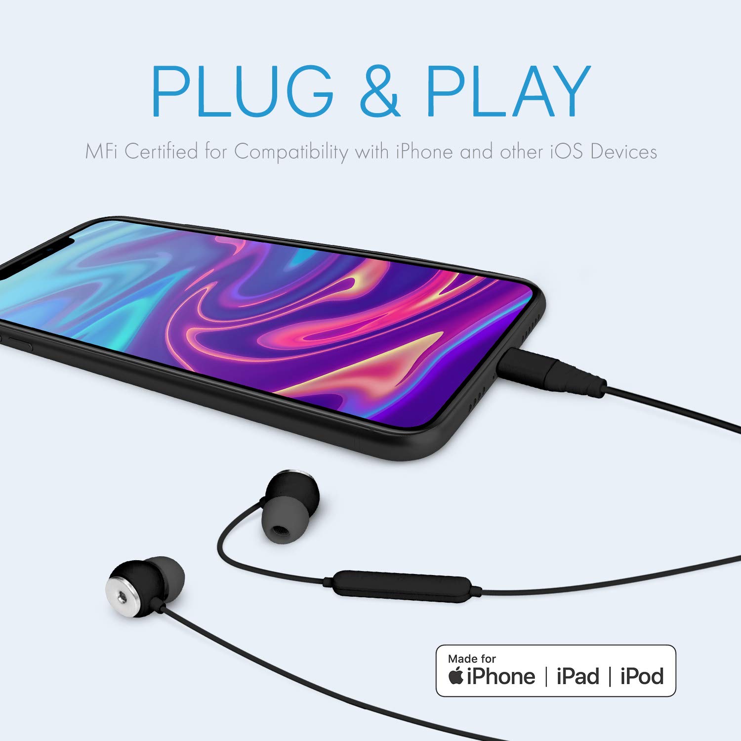 Realm Lightning Earbuds for iPhone MFi Certified Headphones with Lightning Connector in Ear Headphones with Built in Microphone Hands Free Calling and Track Controls Pacific Blue, RLMA12PB, Universal
