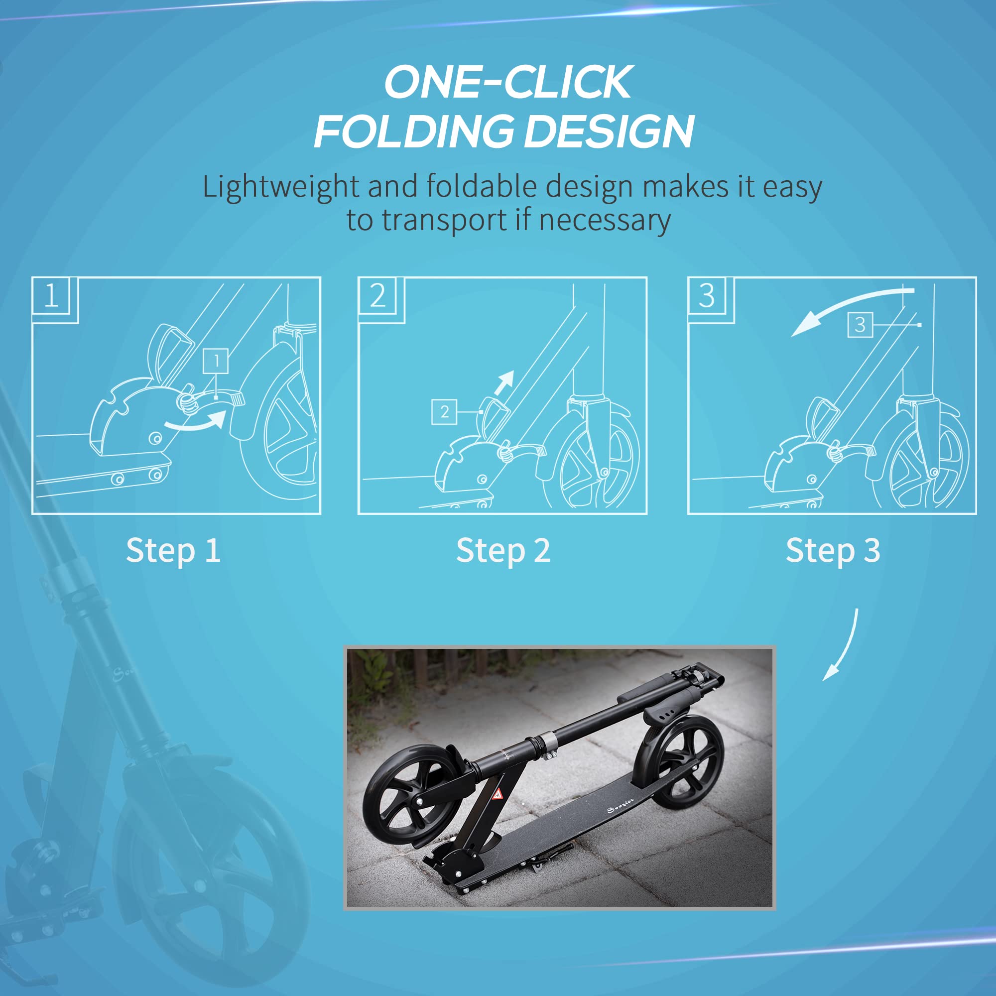 Soozier Kick Scooter for 12 Years and Up, Folding Scooter with 3-Level Height Adjustable Handlebar, Big Wheels and Rear Wheel Brake, Black