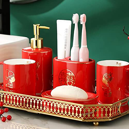 Soap Dispenser Bathroom Accessories Ceramic Set Complete 6 Piece Red - Bath Decor Kit Includes Soap Dispenser Toothbrush Holder Tumbler Soap Dish and Tray, For Wedding Soap Dispenser for Bathroom Kitc