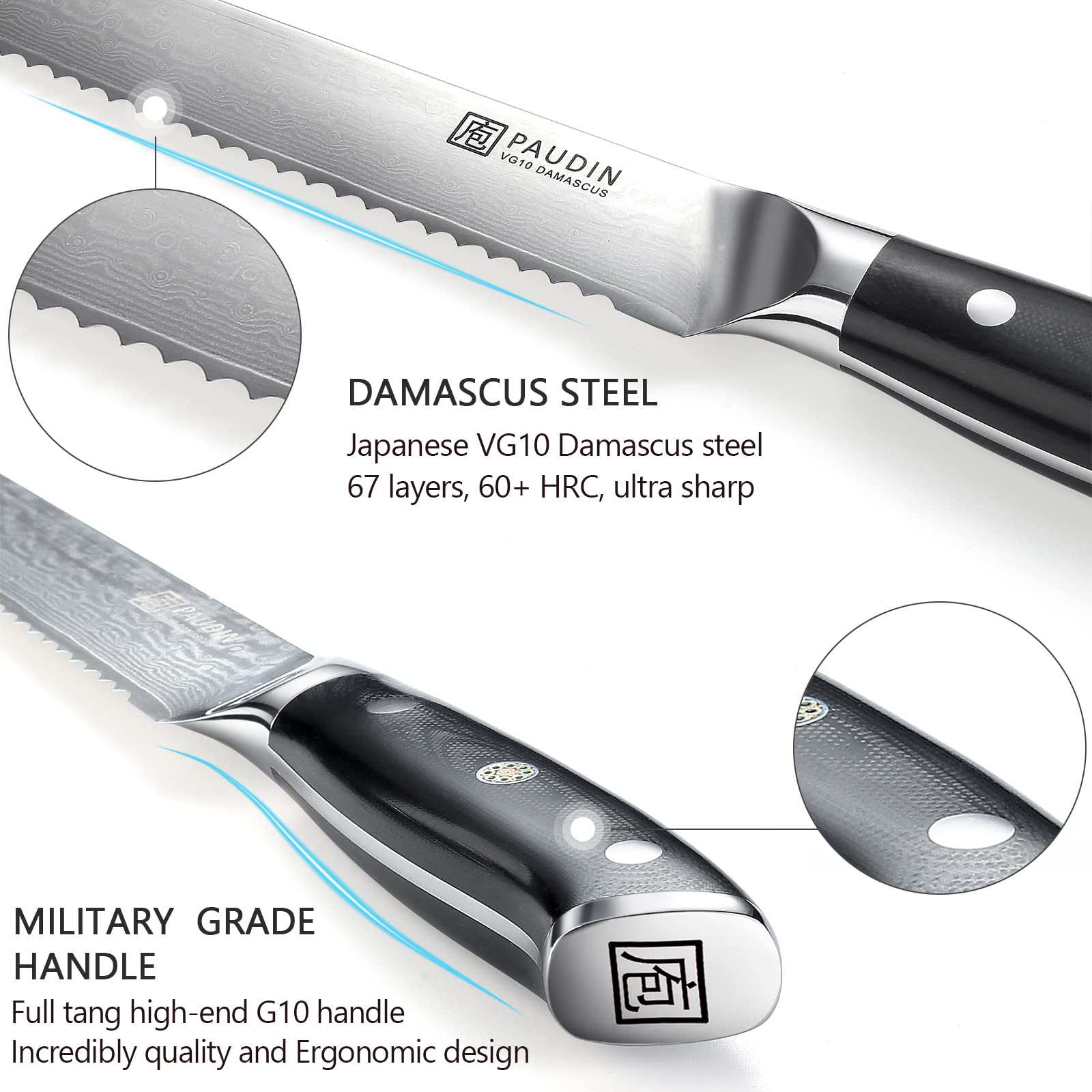 PAUDIN Bread Knife Serrated Damascus Bread Knife 8 inch,Super Sharp Edge and 67-Layer Forged Blade, Professional Bread Knife with Full Tang Ergonomic Micarta Handle, VG-10 Cake Knife for Toast