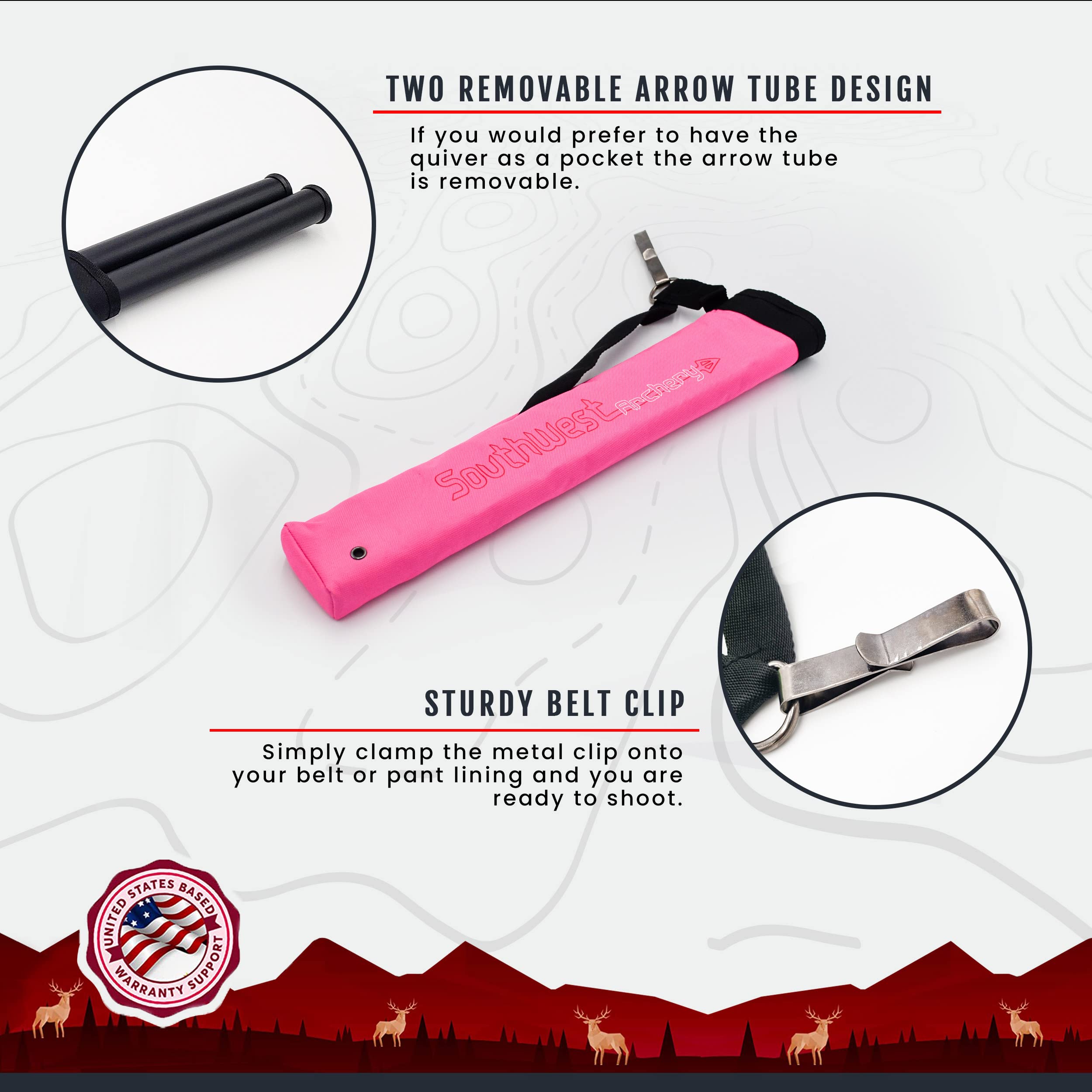 Southwest Archery Universal Hip Quiver - Two Removable 18 inch Arrow Tubes - Clips on to Your Belt β Right and Left Handed - Pink