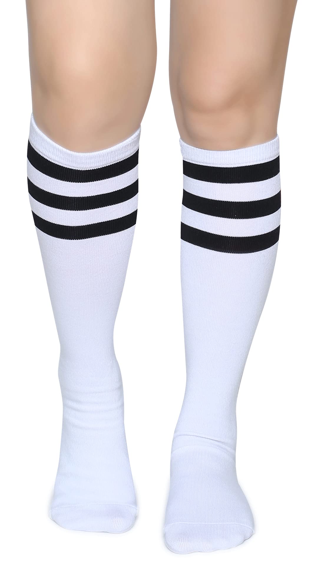 Pareberry Casual Cotton Solid & Triple Stripe Colors Knee High Tube Socks-3 Pairs (A05-(Black+White+Light Gray))