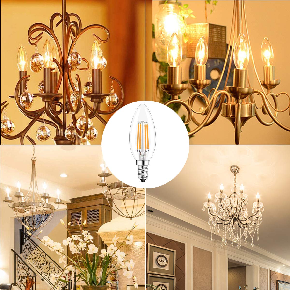 Prosperbiz E12 Candelabra LED Light Bulbs 40W Incandescent Equivalent, Warm White 2700K Chandelier Light Bulbs, Decorative Clear LED Filament Candle Bulbs, 12 Pack, Non-Dimmable