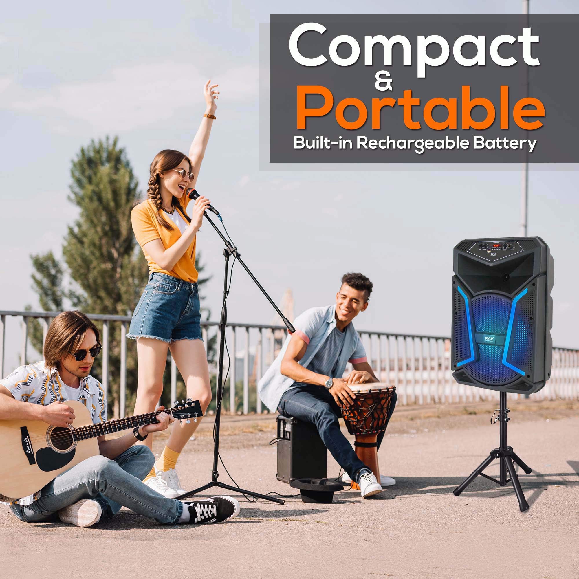 PYLE Portable Bluetooth PA Speaker System - 1200W Outdoor Bluetooth Speaker Portable PA System w/ Microphone In, Party Lights, MP3/USB SD Card Reader FM Radio, Rolling Wheels - Mic, Remote PPHP152SM