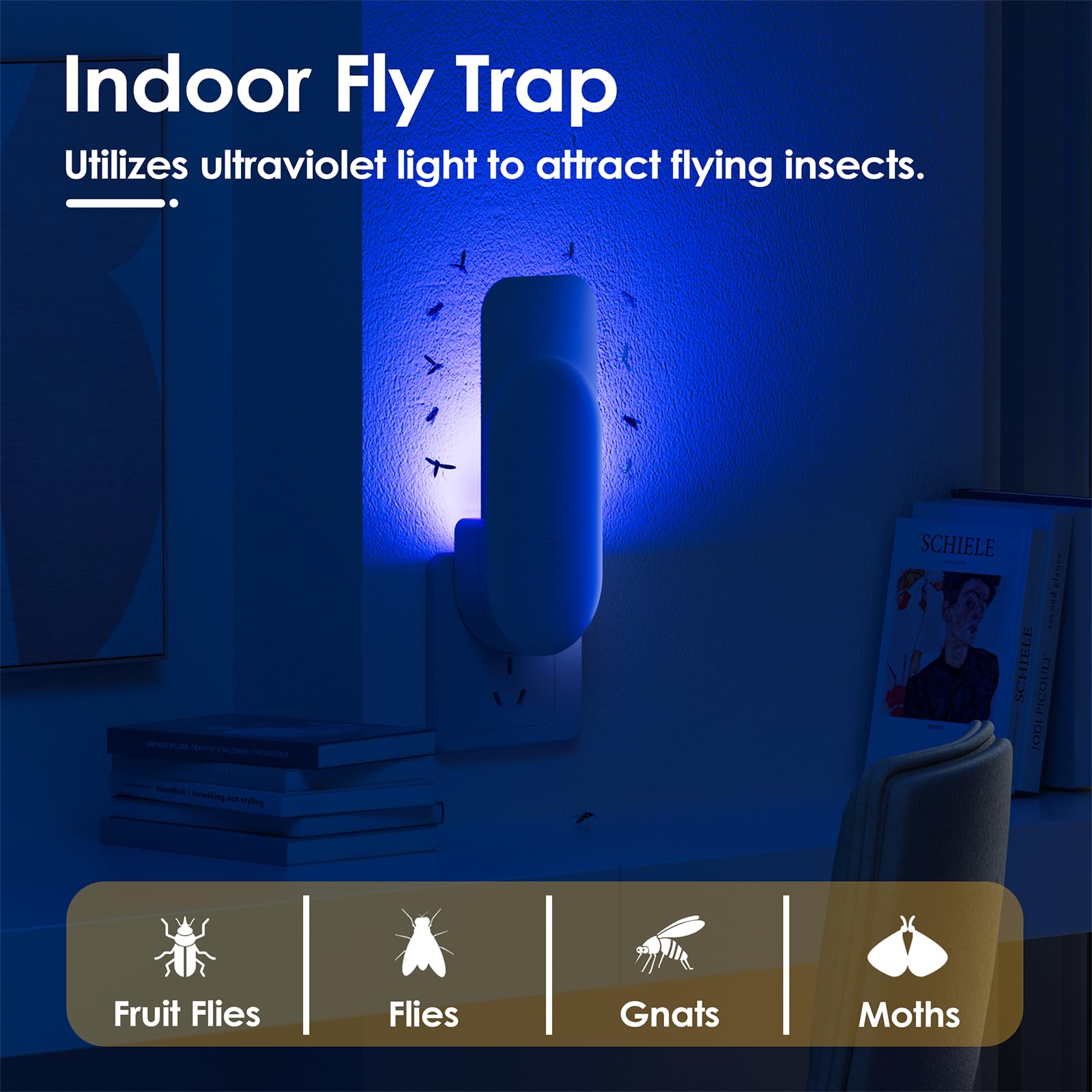TIENBE Flying Insect Trap, 2 in 1 Indoor Plug-in Fruit Fly Trap, 1 Trap White and 6 Glue Cards, Fruit Fly Traps for Gnat, Moth, Mosquito, Suitable for Every Part of The Home