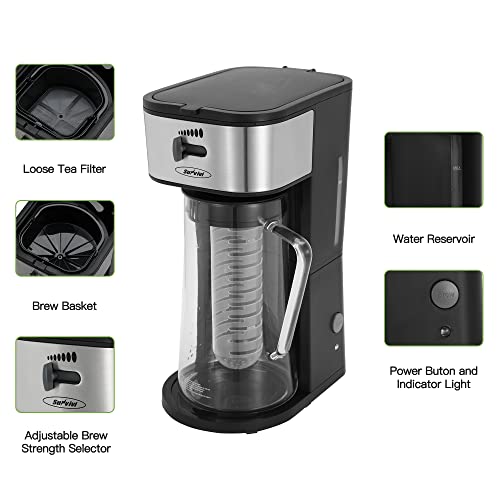 Sunvivi Iced Tea Maker with 3 Quart Glass Pitcher, Iced Coffee Maker Brewing System with Strength Selector, Infusion Pitcher for for Ground Coffee, Taste Customization, Black