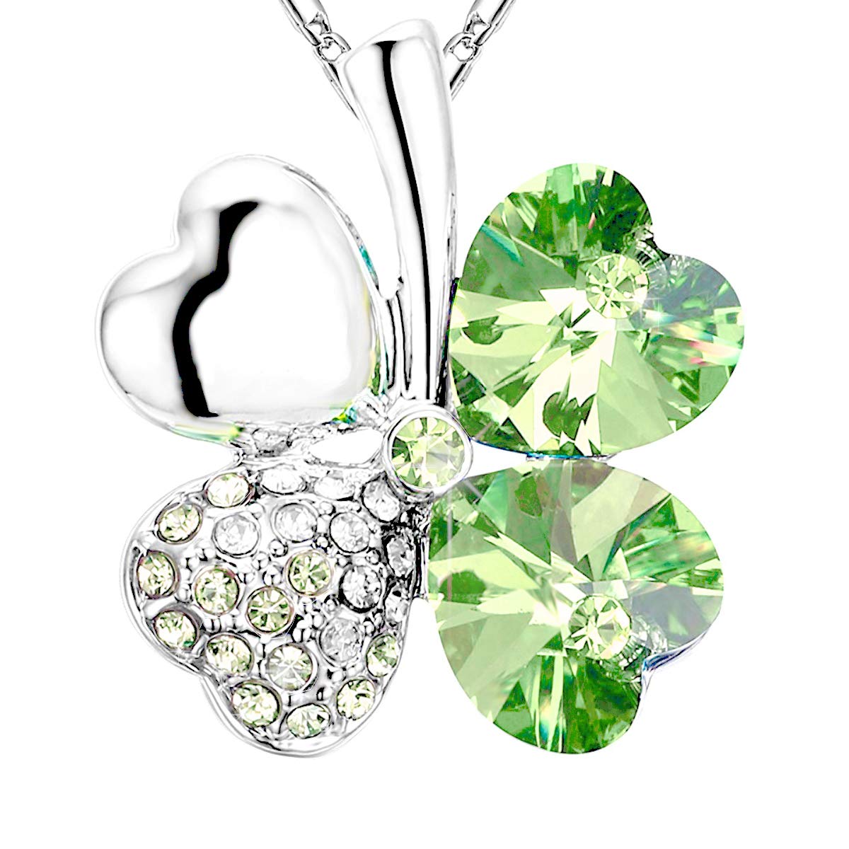 NEVERMORE Shimmering Shamrock (Peridot) Green Four Leaf Clover Crystal Pendant Necklace With Silver Chain for St Patricks Day or Any Lucky Occasion