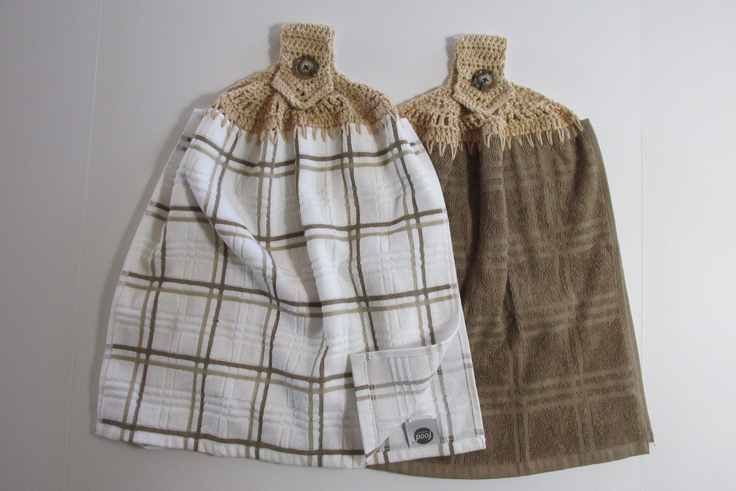 Set of 2 Tan Double Thickness Kitchen Towels - Hanging Towels - Light Brown & White Plaid Design with Cream Cotton Crochet Top - Moms Gift - Best Quality Towels