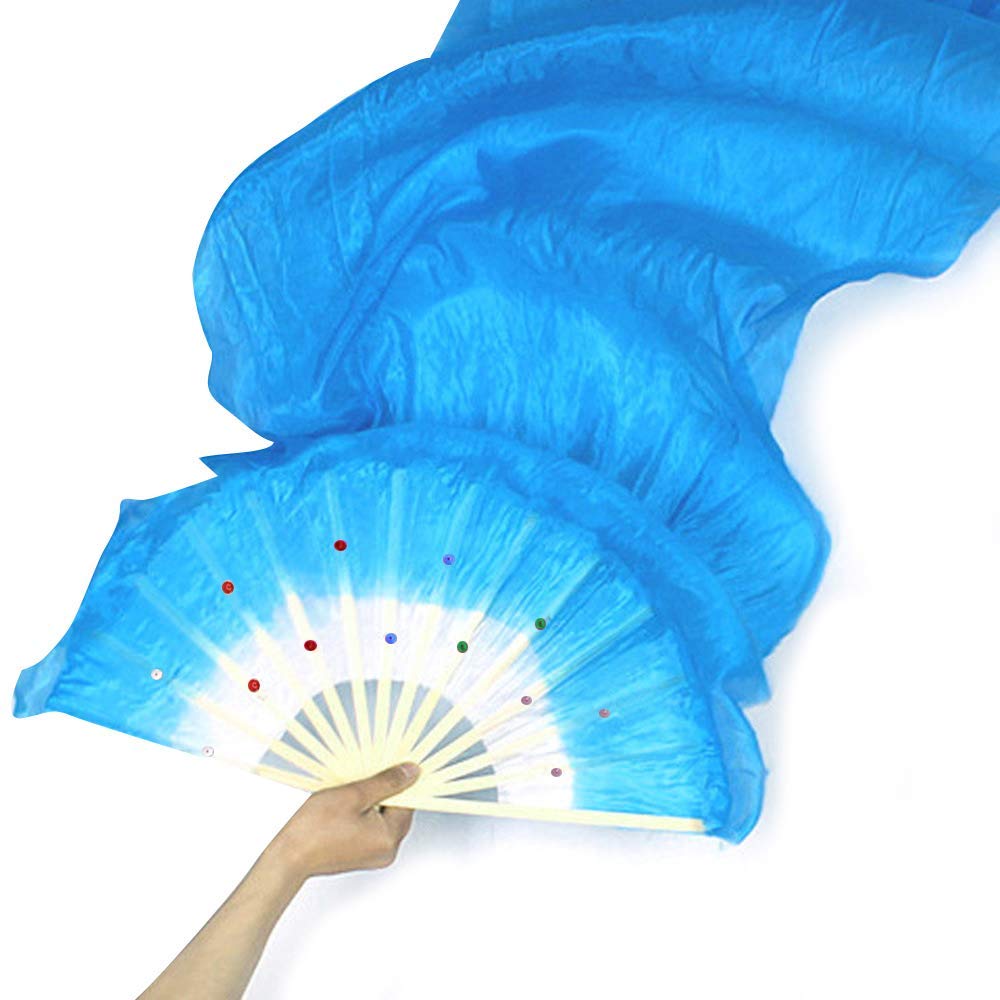 WEISIPU Hand-Made Faux Silk Belly Dance Fan Veils - Bamboo Long Fans Veils Available in 8 Stunning Colors for Dance Performances Right Hand (Blue)