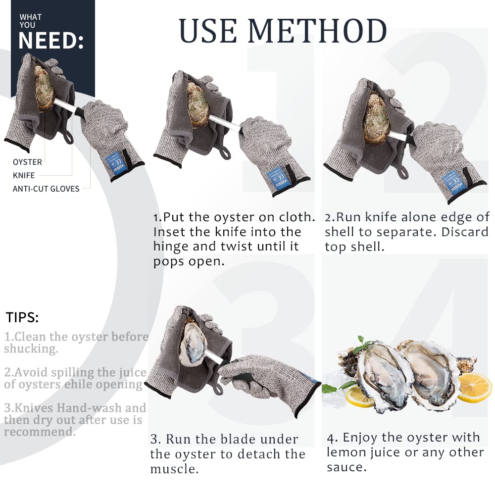 WENDOM Oyster Shucking Knife with Cut Resistant Gloves White Non-slip Easy to Grip Handle 3.5'' Oyster Shucker Kitchen Tools(1cloth+1lemon squeezer) (black1, large)