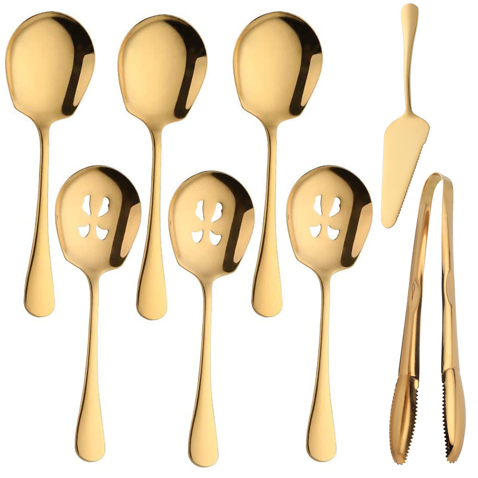 TUPMFG Serving Spoons Set - Stainless Steel Serving Utensils Includes Serving Spoons, Slotted Spoons, Tongs and Cake Server for Buffet Party Gold