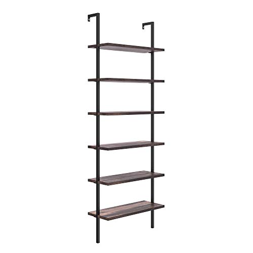 Nathan James Theo 6-Shelf Tall Bookcase, Wall Mount Bookshelf with Natural Wood Finish and Industrial Metal Frame, Nutmeg/Matte Black