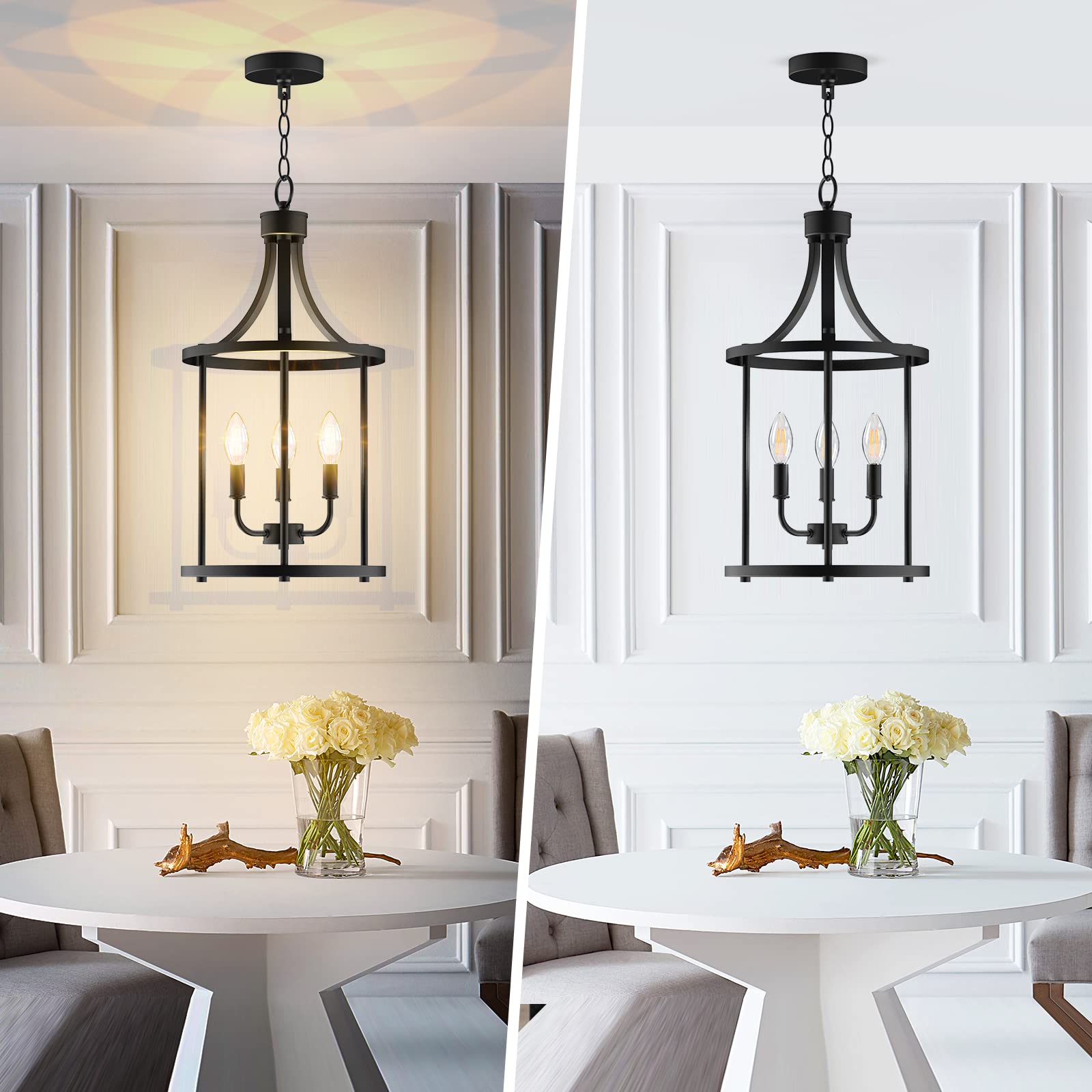PARTPHONER Farmhouse Chandelier, Dining Room Lighting Fixtures Hanging, Modern Light Fixture Black Lantern Cage,5-Light Pendant Lighting for Kitchen Island, with Adjustable Rods