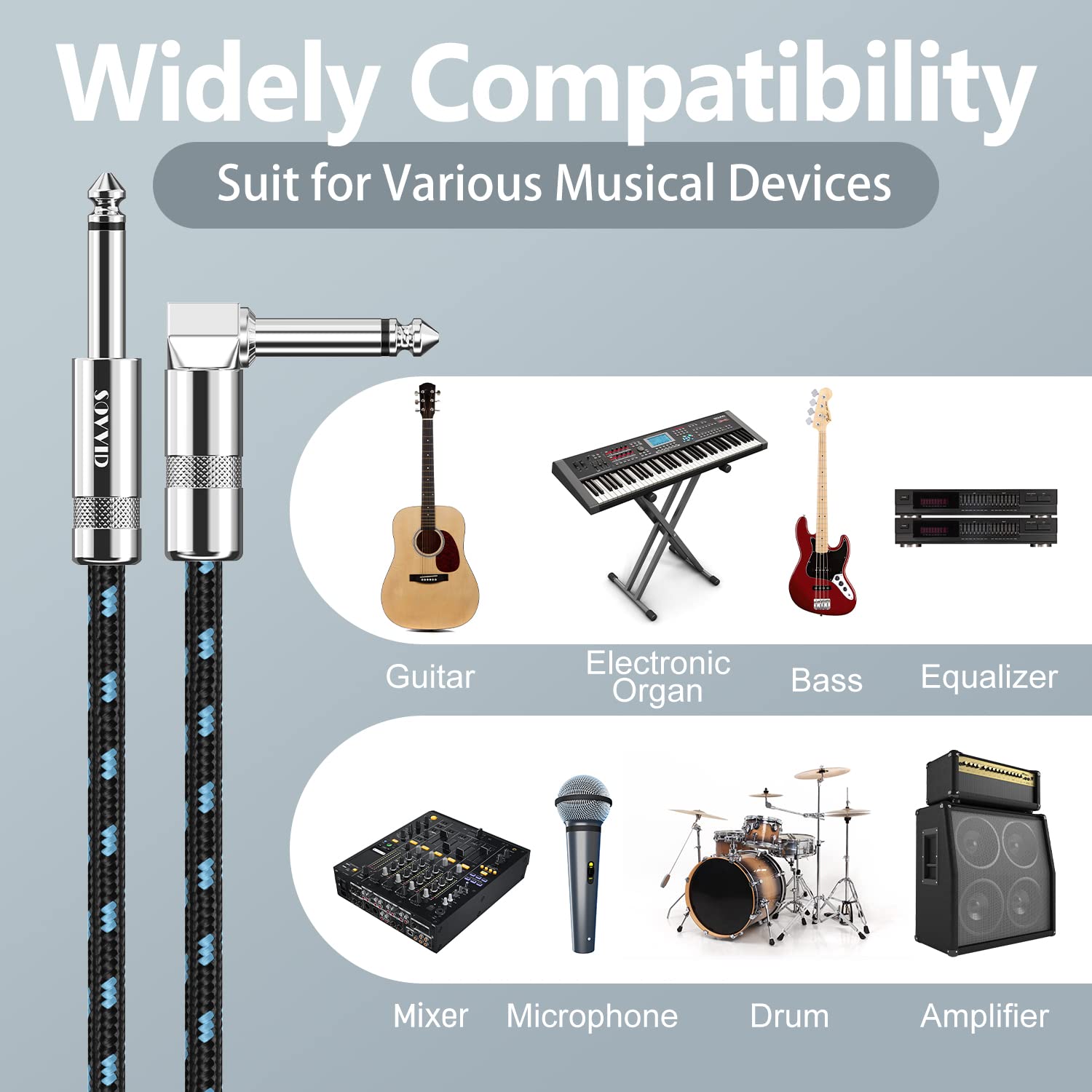 Sovvid Guitar Cable 10FT Professional Instrument Cable Electric Guitar AMP Cord Updated Version 1/4 TS Cable for Guitar Bass Mandolin Keyboard and Pro Audio, Right Angle to Straight (Black Blue)