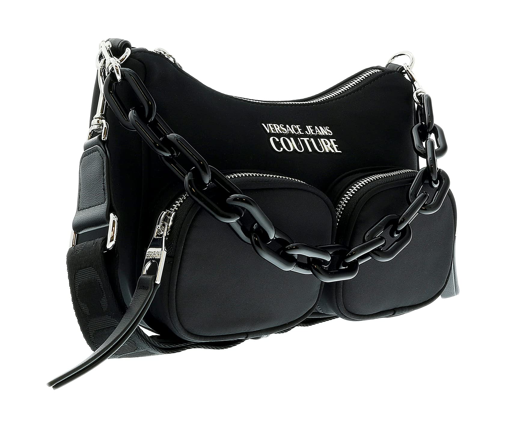 Versace Jeans Couture Black Nylon Signature Acetate Chain Medium Hobo Multi Pocket Shoulder Bag for womens