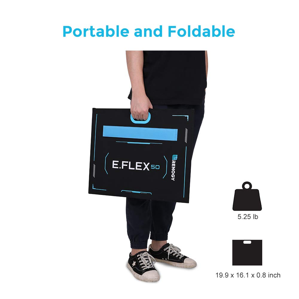 Renogy 50W Portable Solar Panel Charger Foldable Power Station Explorers, Generators, Smartphones, Tablets with USB Ports for Van, RV, E.Flex 50