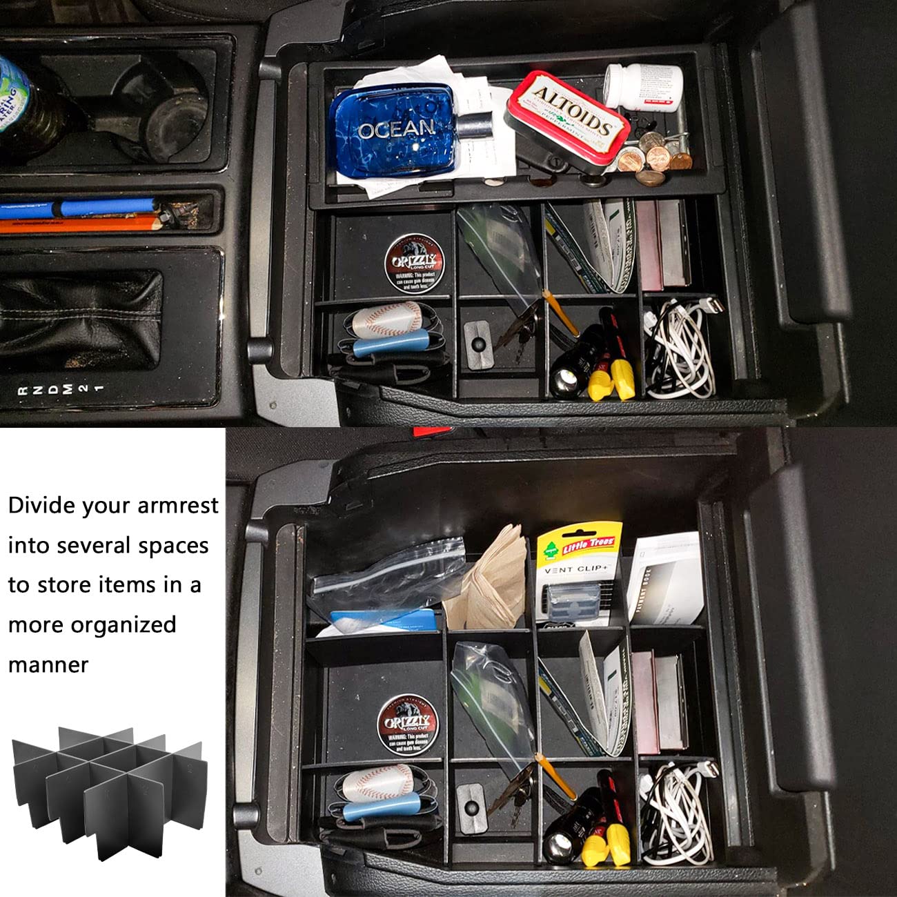 TACOBRO Center Console Organizer Dividers Compatible with 2015-2018 2019 2020 Ford F150 Accessories Black ABS Plastic Armrest Box Insert Secondary Storage, Full Console w/Bucket Seats ONLY